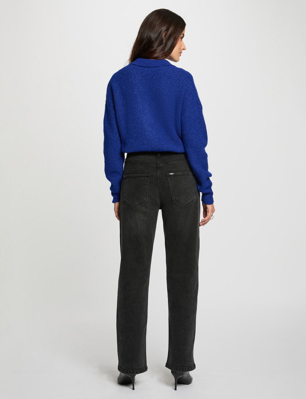 Pull court col à revers bleu pétrole femme | Morgan