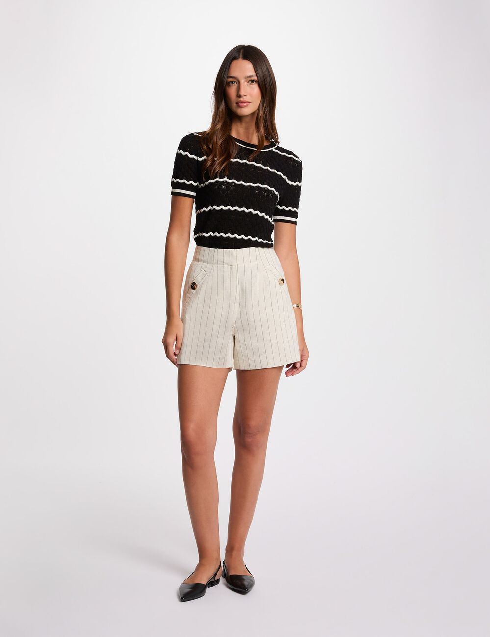 Short taille haute rayé beige femme | Morgan
