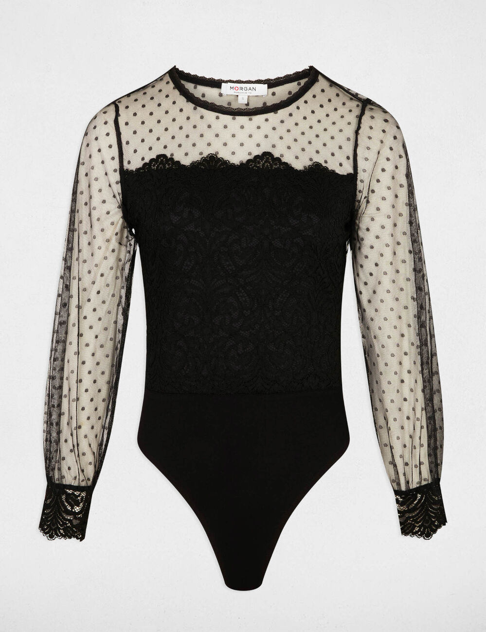 Body dentelle manches longues noir femme | Morgan