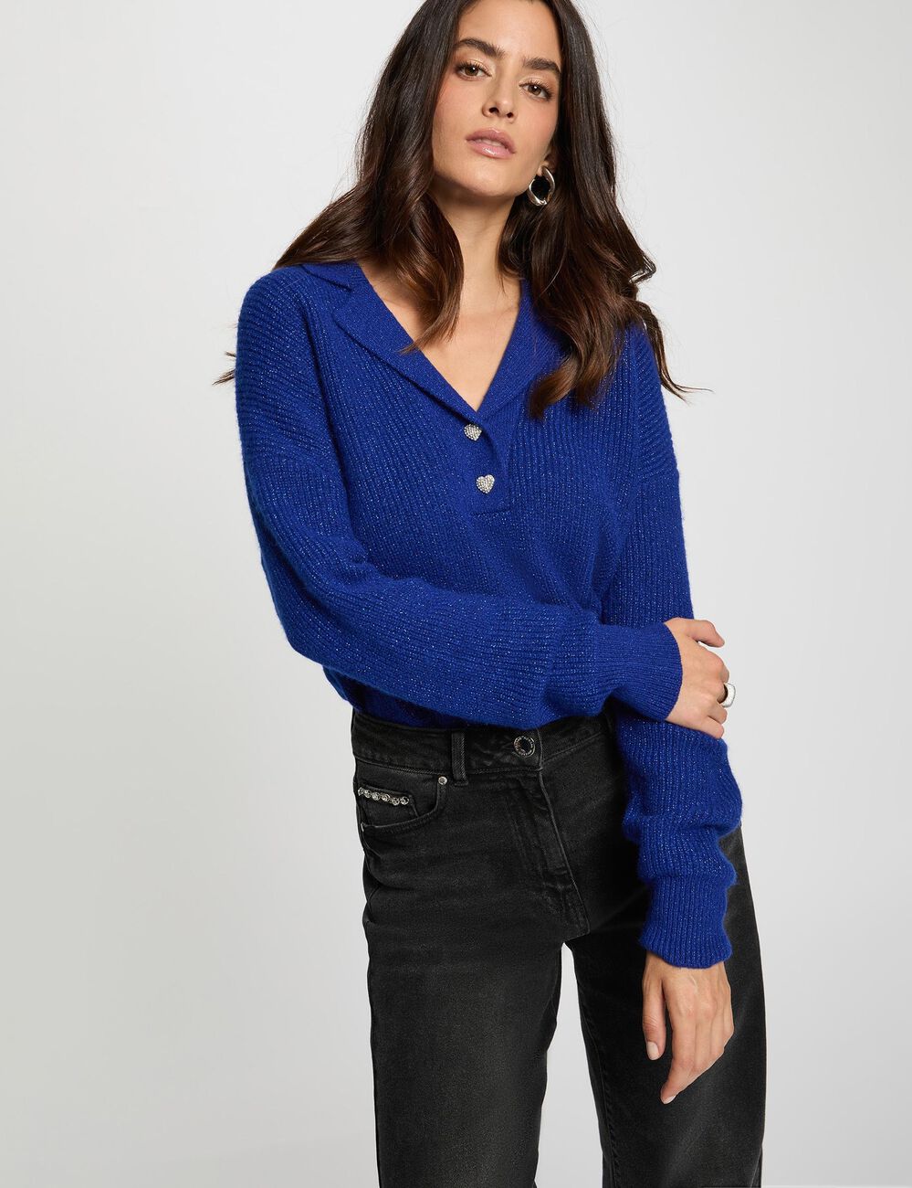 Pull court col à revers bleu pétrole femme | Morgan