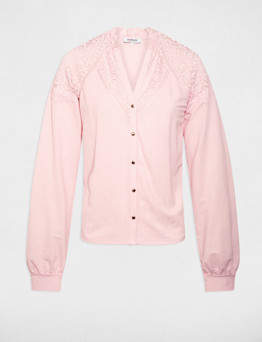T-shirt dentelle col v rose clair femme | Morgan