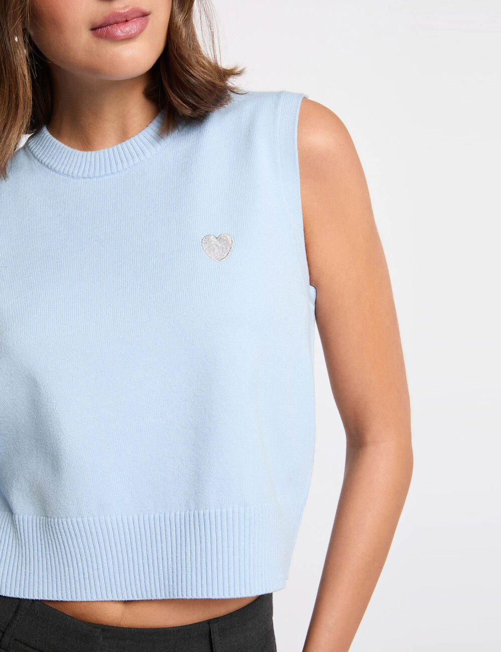 Pull sans manches brodé bleu ciel femme | Morgan