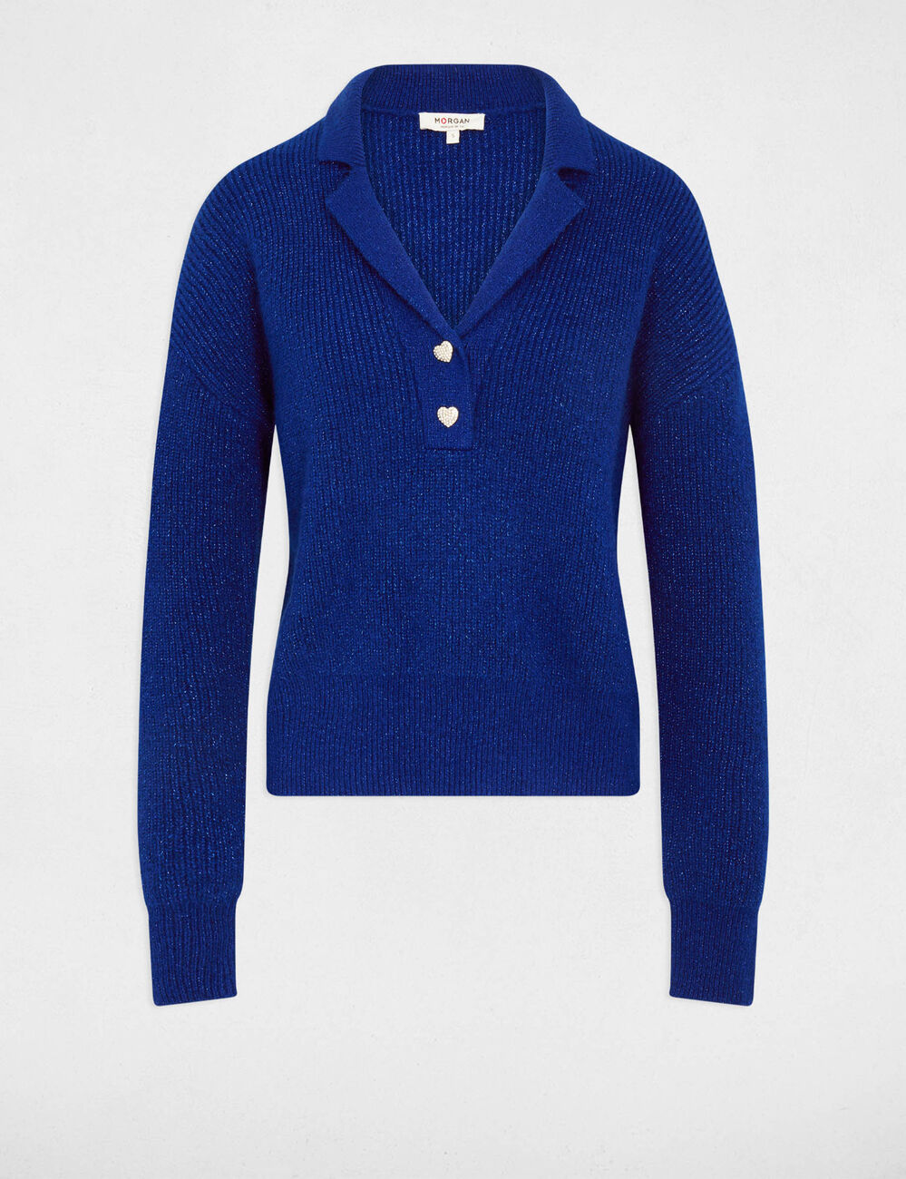 Pull court col à revers bleu pétrole femme | Morgan