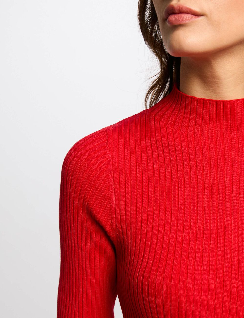 Pull col montant côtelé rouge femme | Morgan