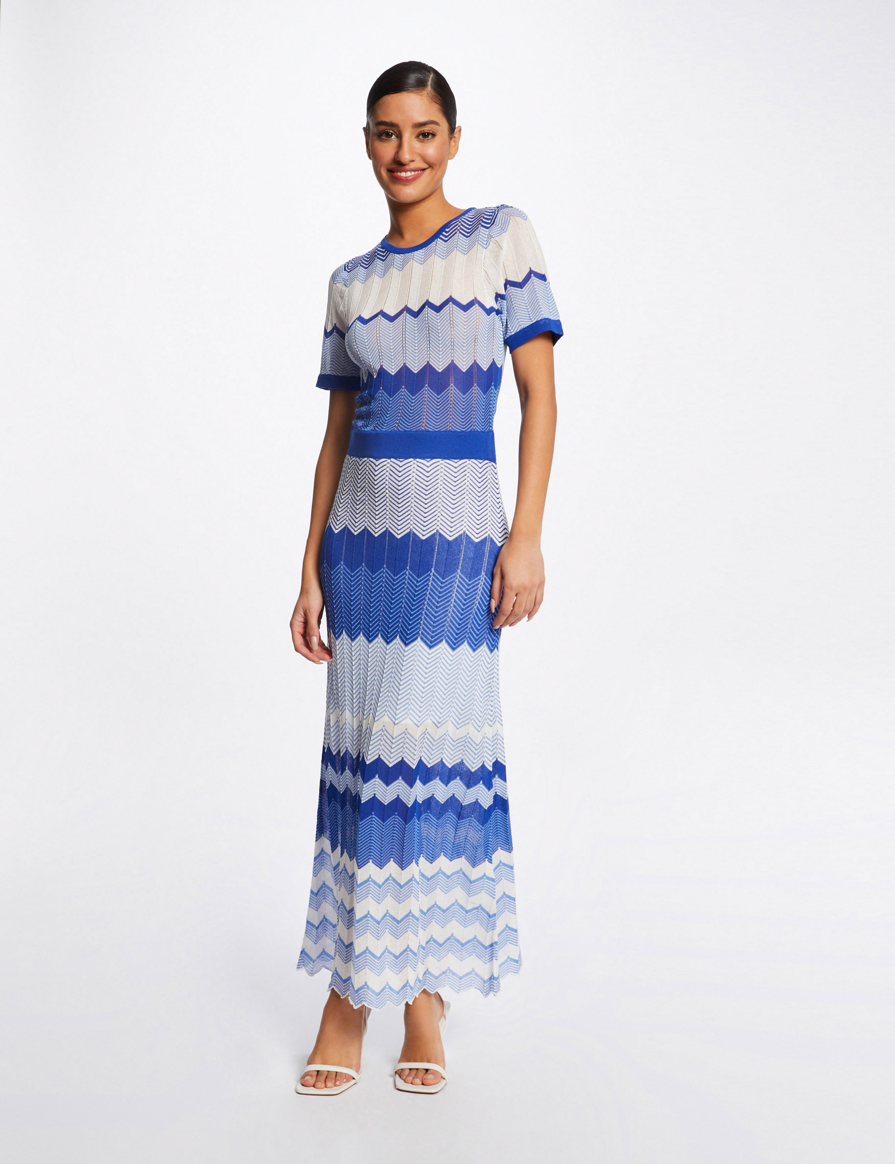Robe pull longue droite imprimé chevron bleu moyen femme | Morgan