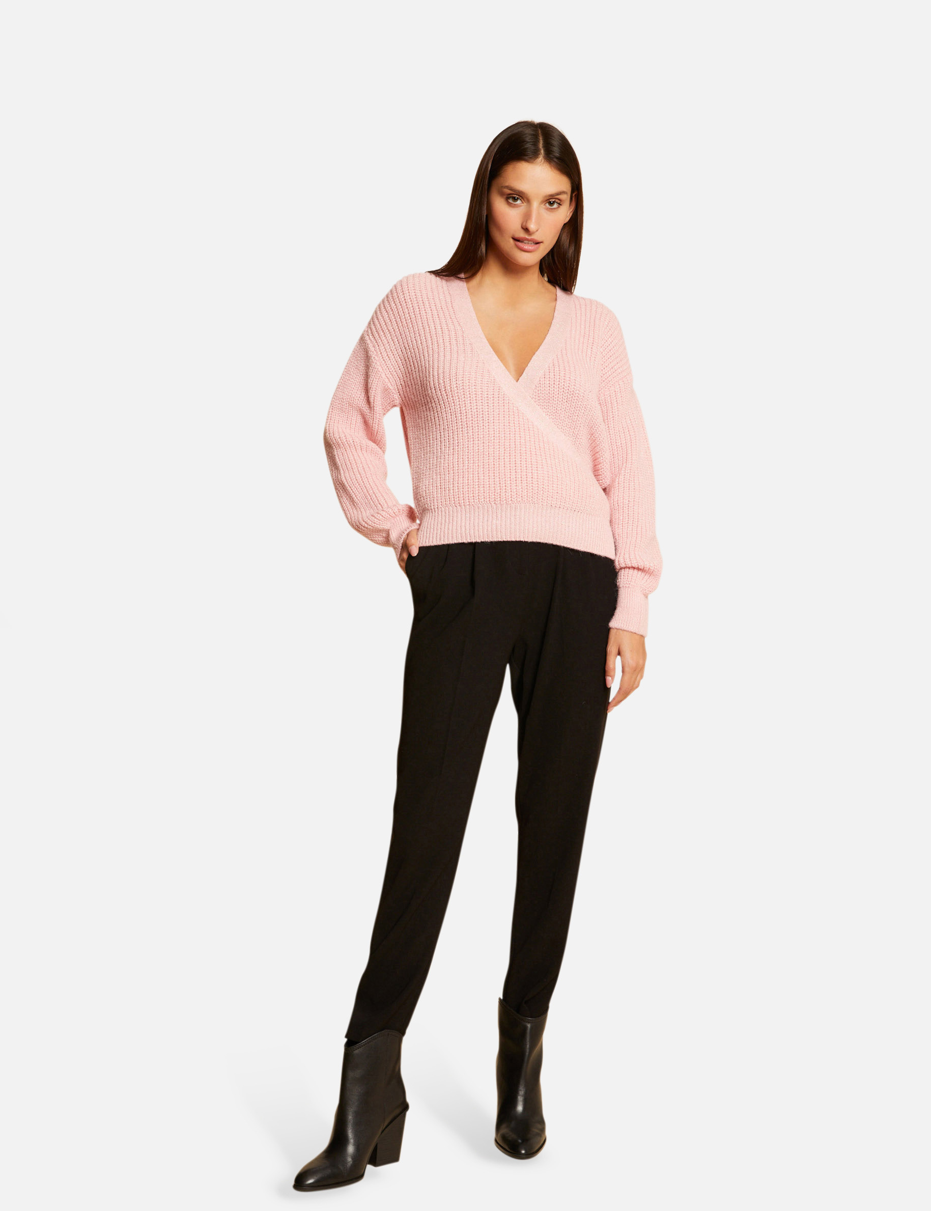 Pull manches longues col cache-coeur rose femme | Morgan