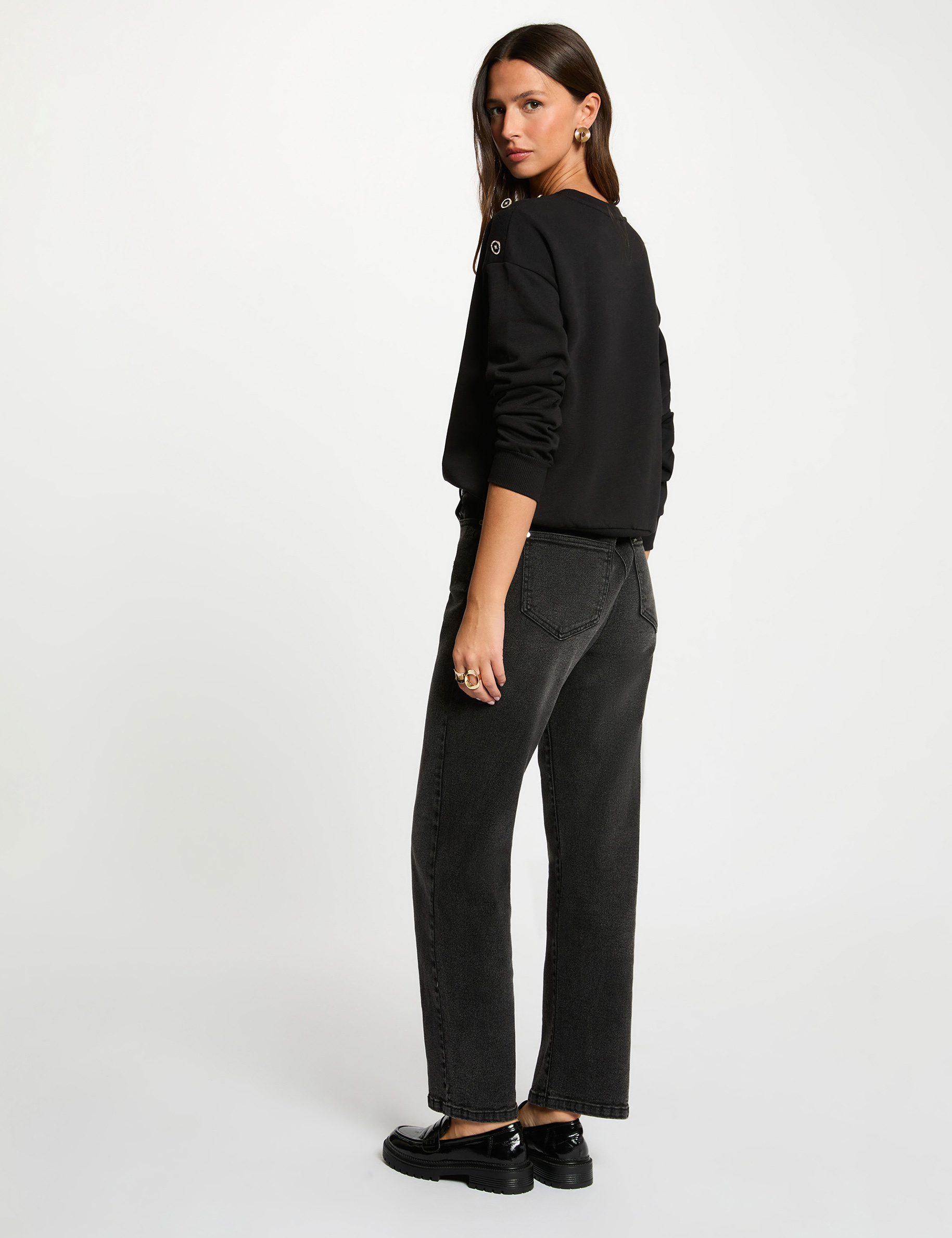 Sweat imprimé col rond noir femme | Morgan