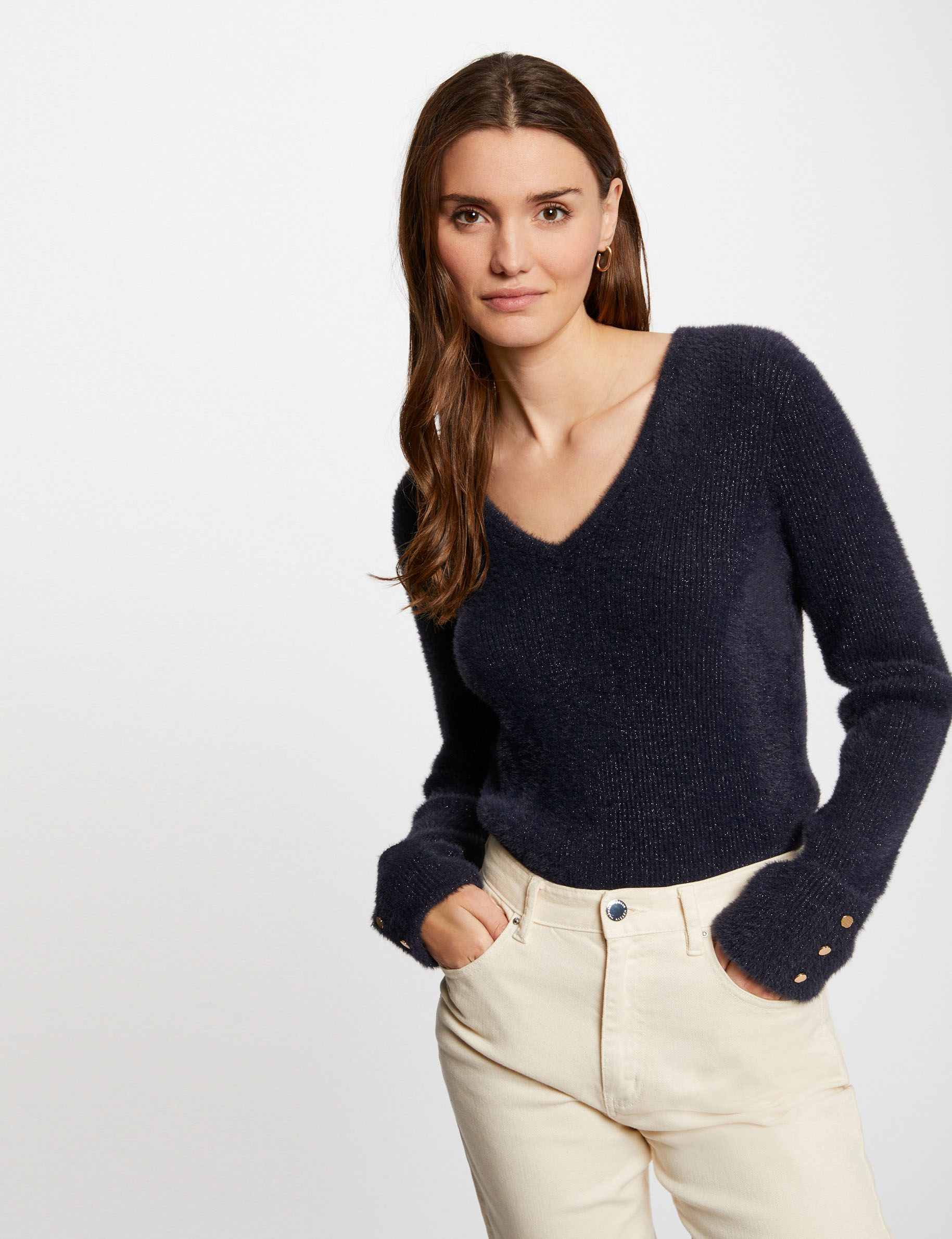 Pull manches longues avec col en V marine femme | Morgan