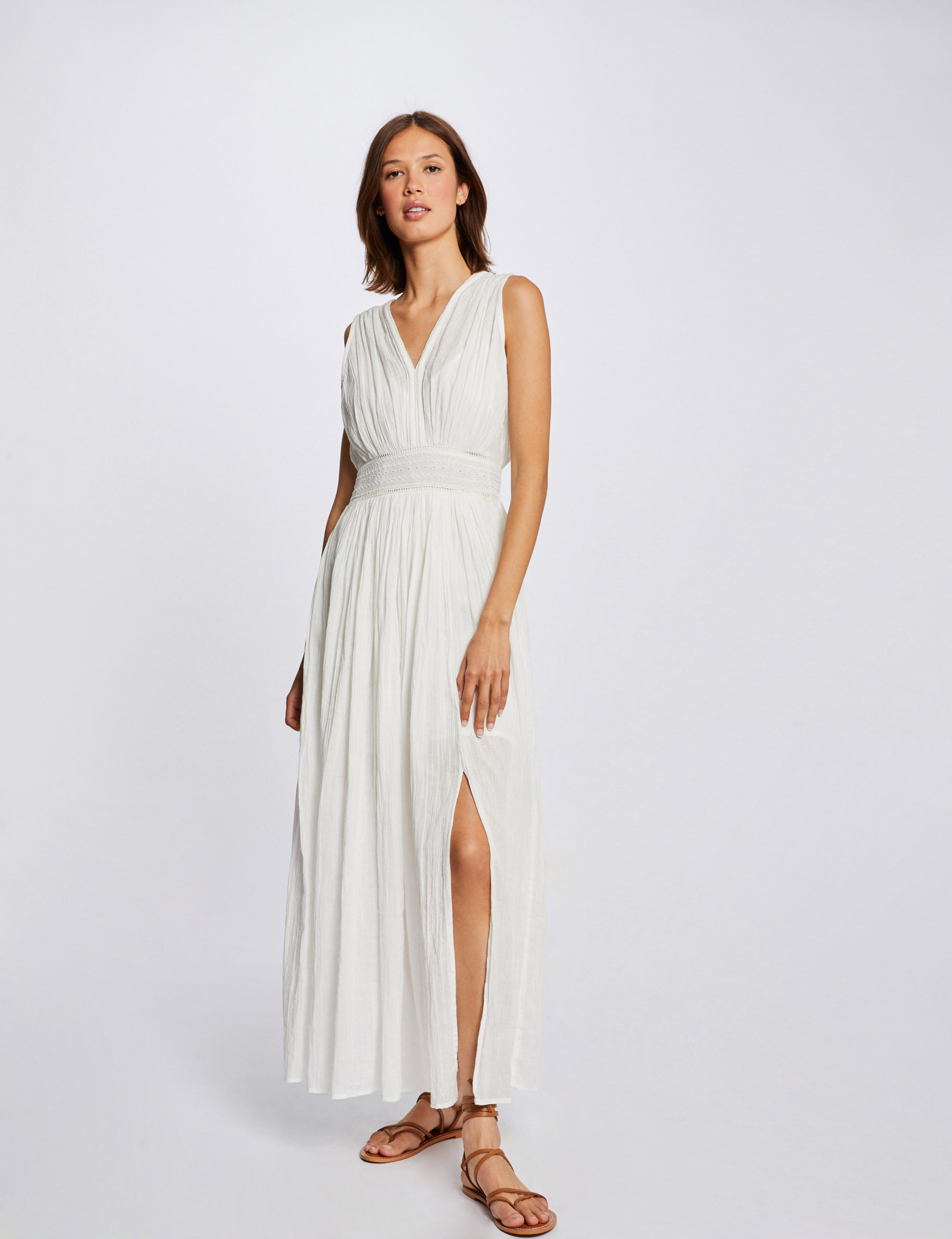 Robe longue droite avec broderie ecru femme | Morgan