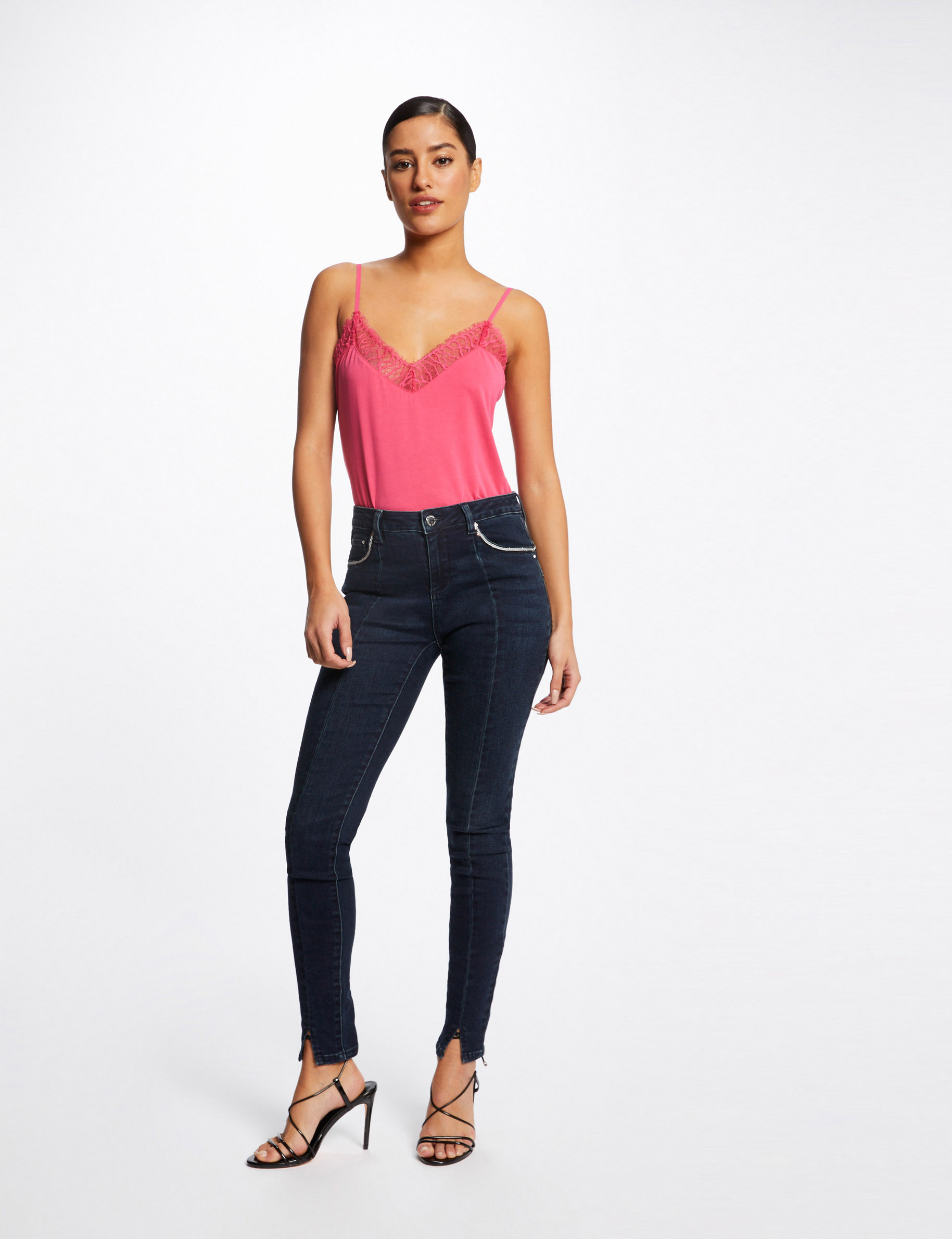 Débardeur bretelles fines avec dentelle rose moyen femme | Morgan