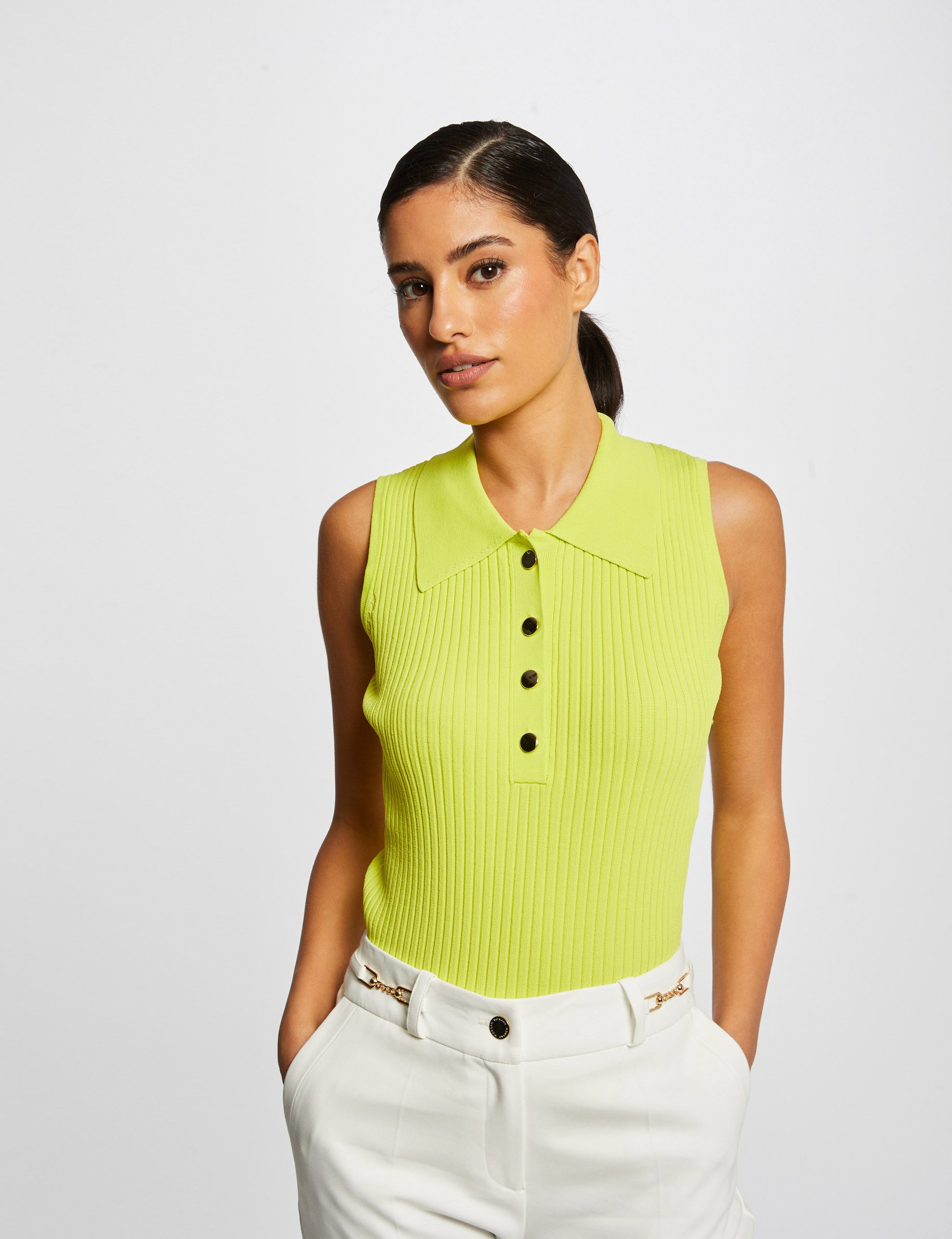 Pull débardeur sans manches col polo anis femme | Morgan
