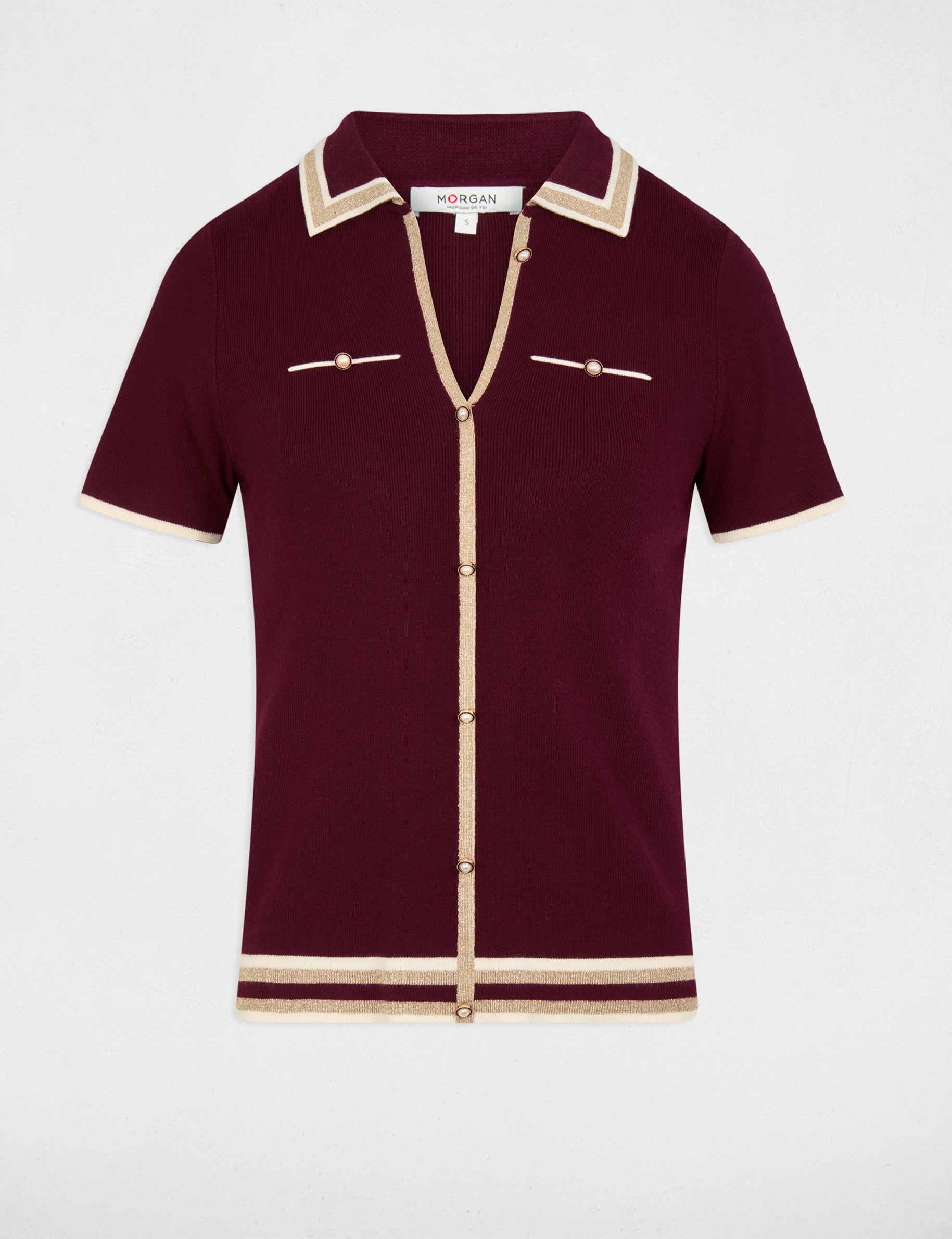 Pull col polo manches courtes prune femme | Morgan