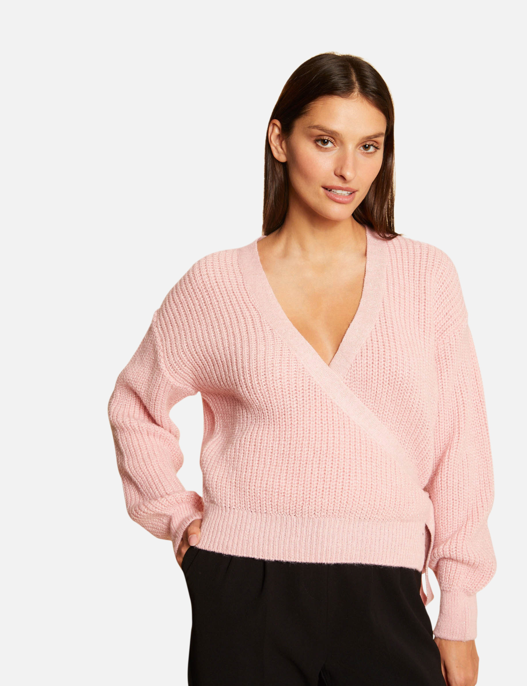 Pull manches longues col cache-coeur rose femme | Morgan