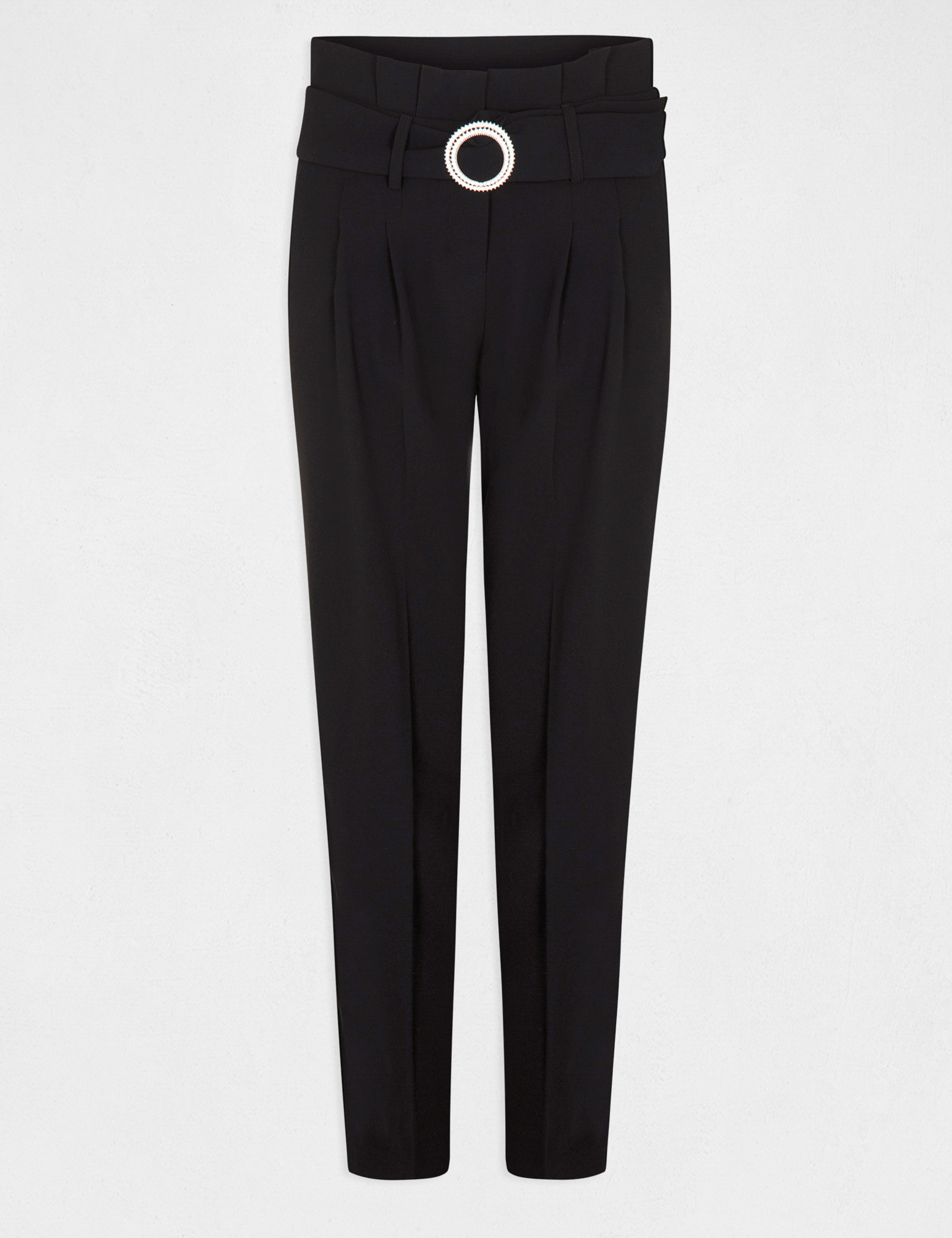 Pantalon droit taille haute ceinturé noir femme | Morgan