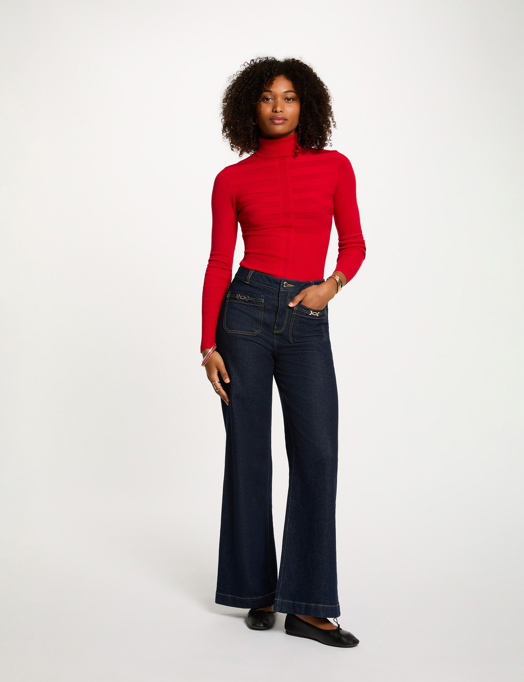 Pull col roulé ajusté rouge femme | Morgan
