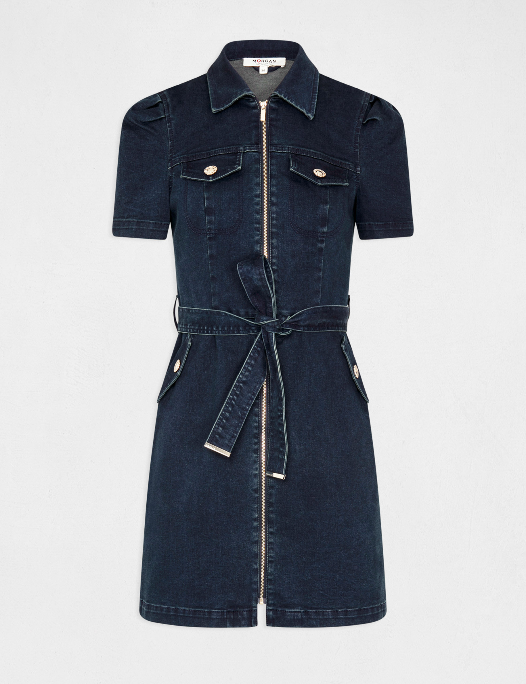 Robe droite zippée ceinturée en jean jean brut femme | Morgan