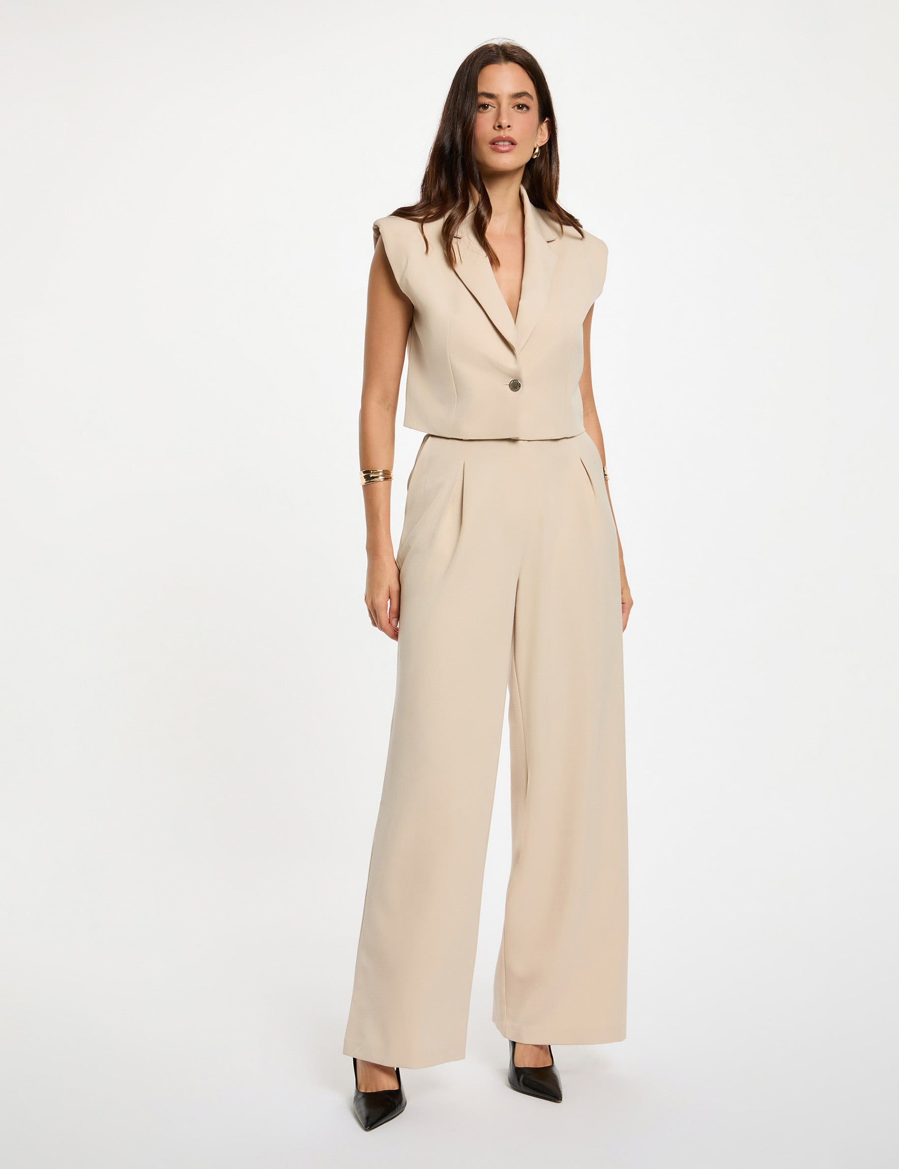 Veste cropped sans manches beige femme | Morgan