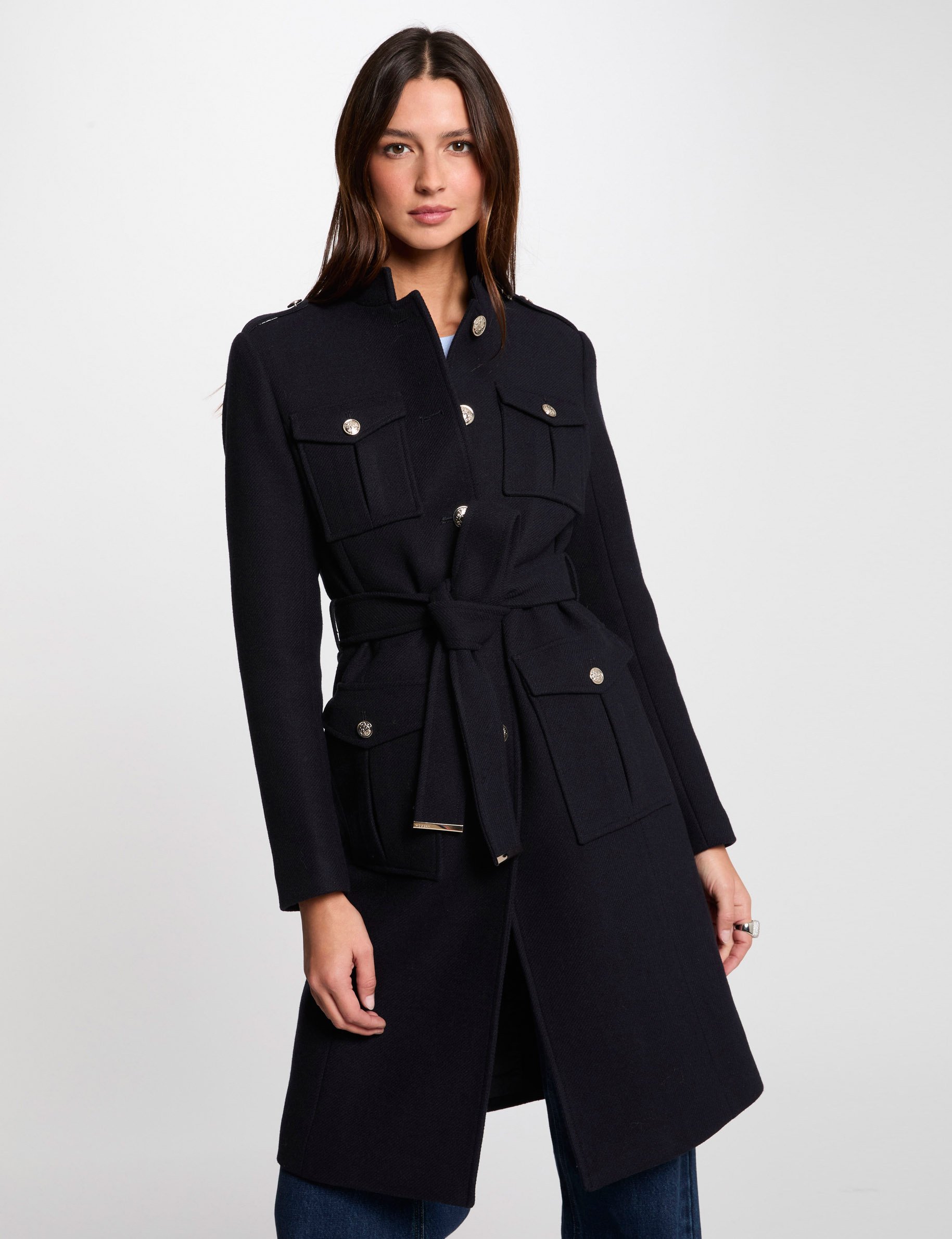 Manteau long ceinturé bleu marine femme | Morgan