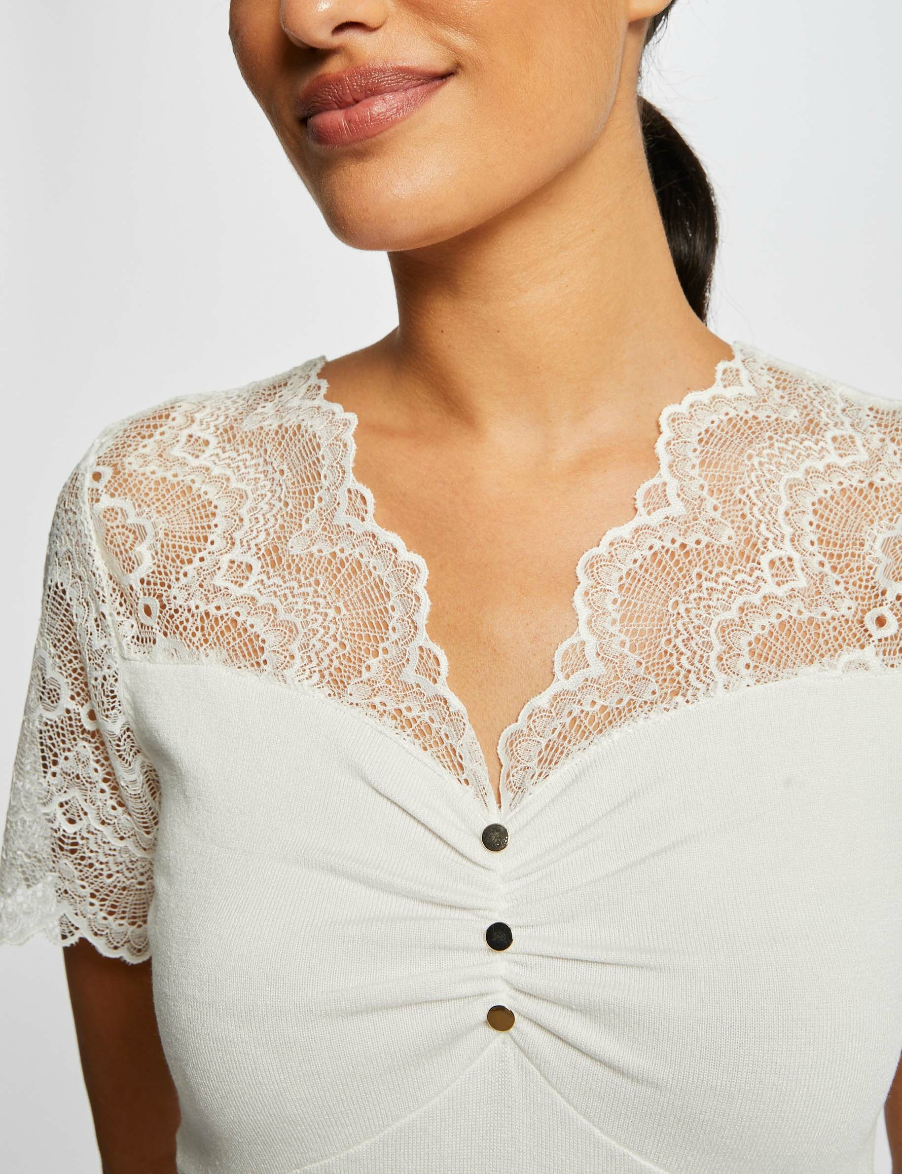 Pull manches courtes à dentelle ecru femme | Morgan