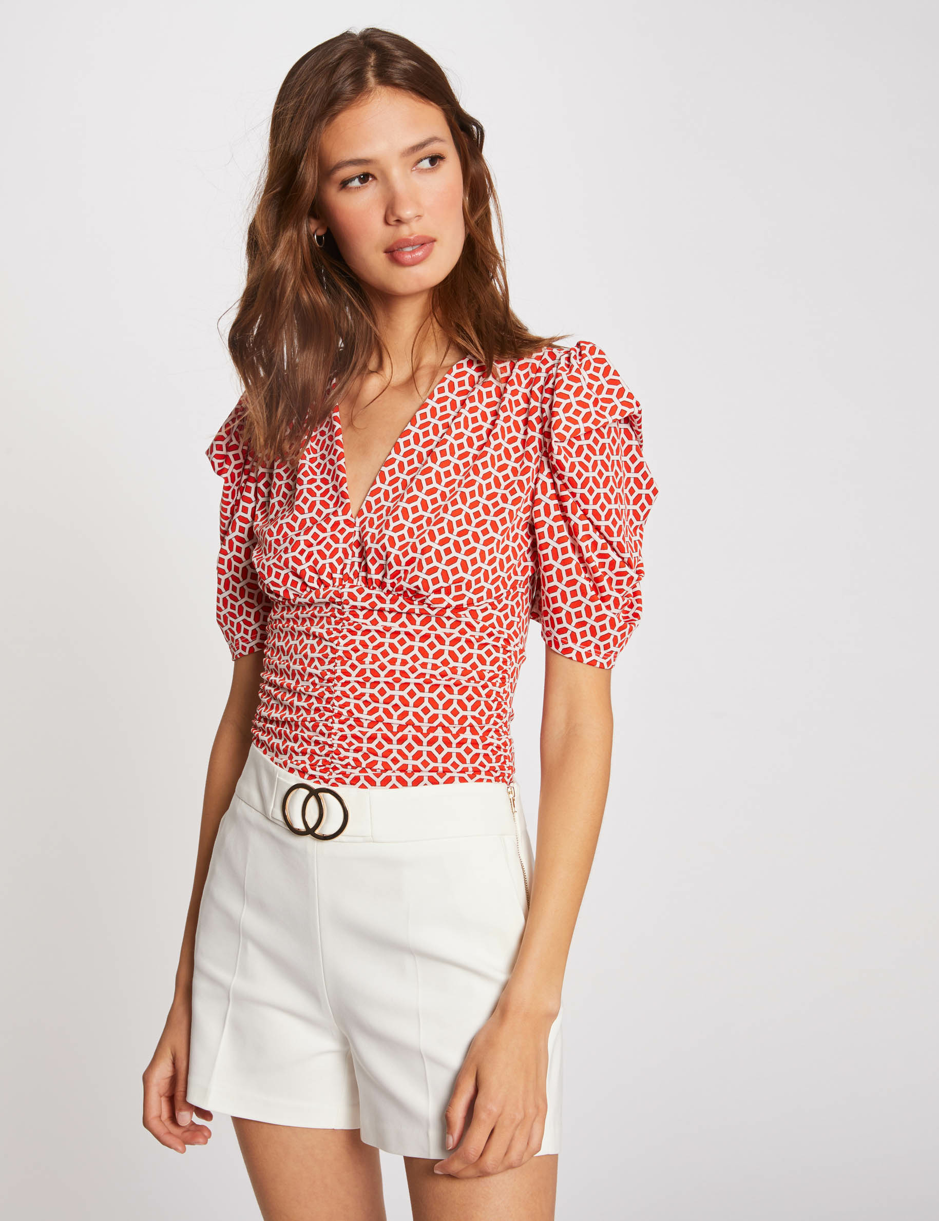 Short droit taille haute avec boucles ecru femme | Morgan
