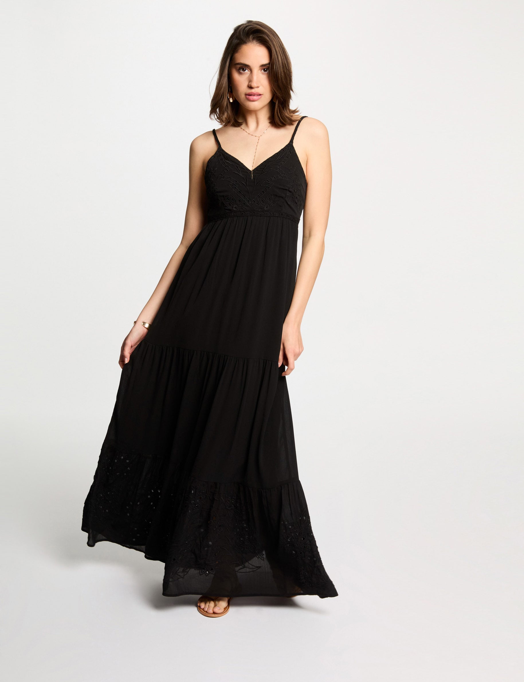 Robe longue fluide broderie noir femme | Morgan