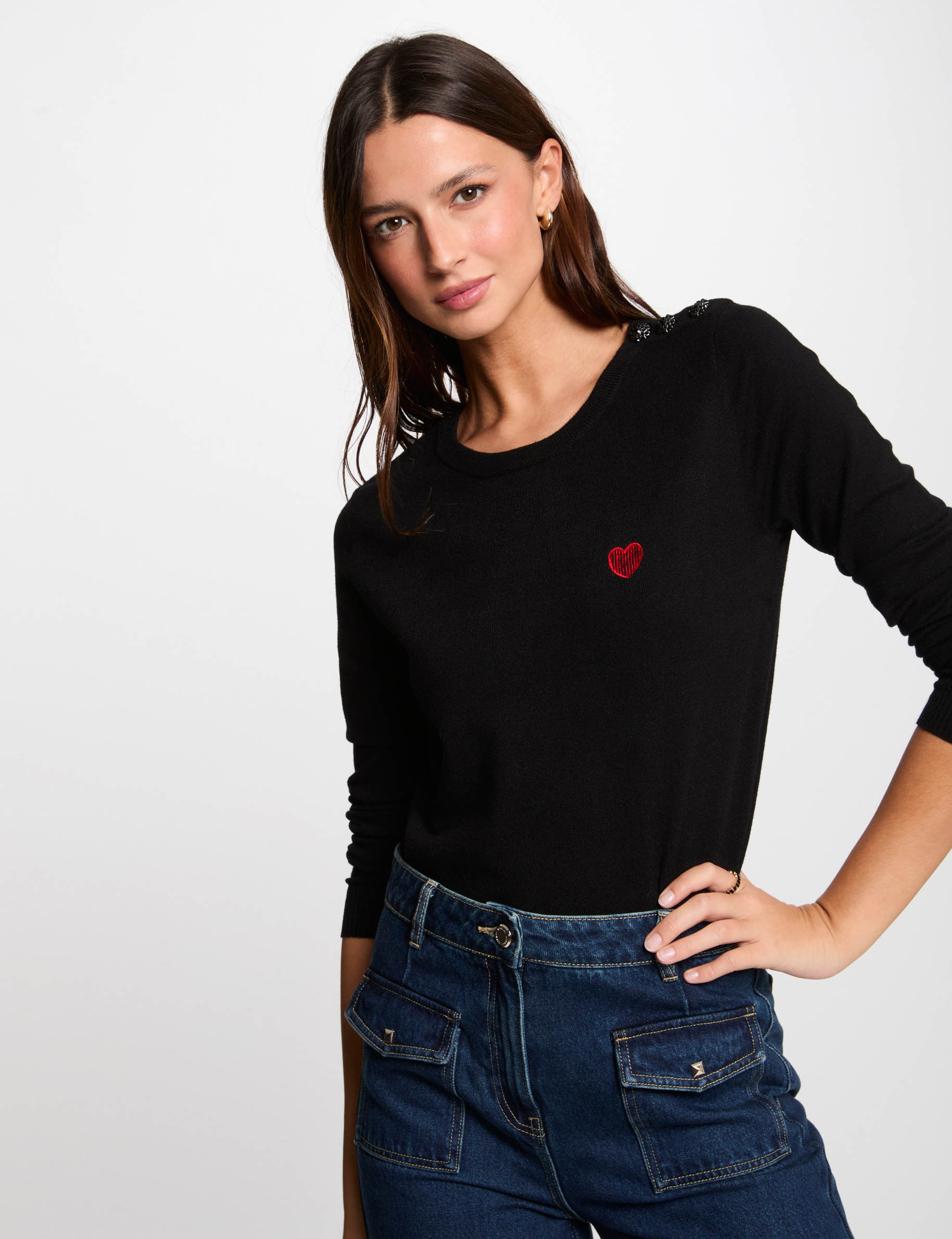 Pull col rond et boutons noir femme | Morgan