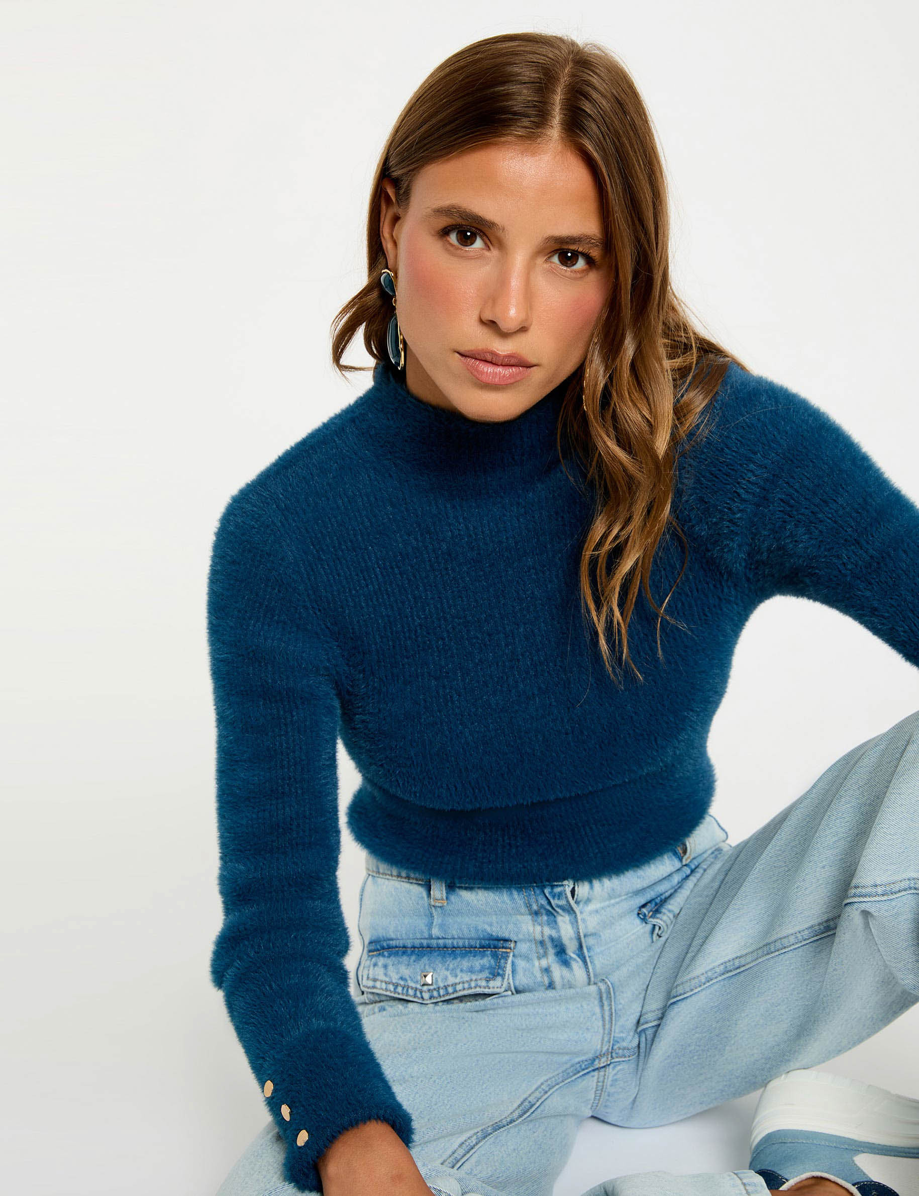 Pull manches longues maille duveteuse bleu pétrole femme | Morgan