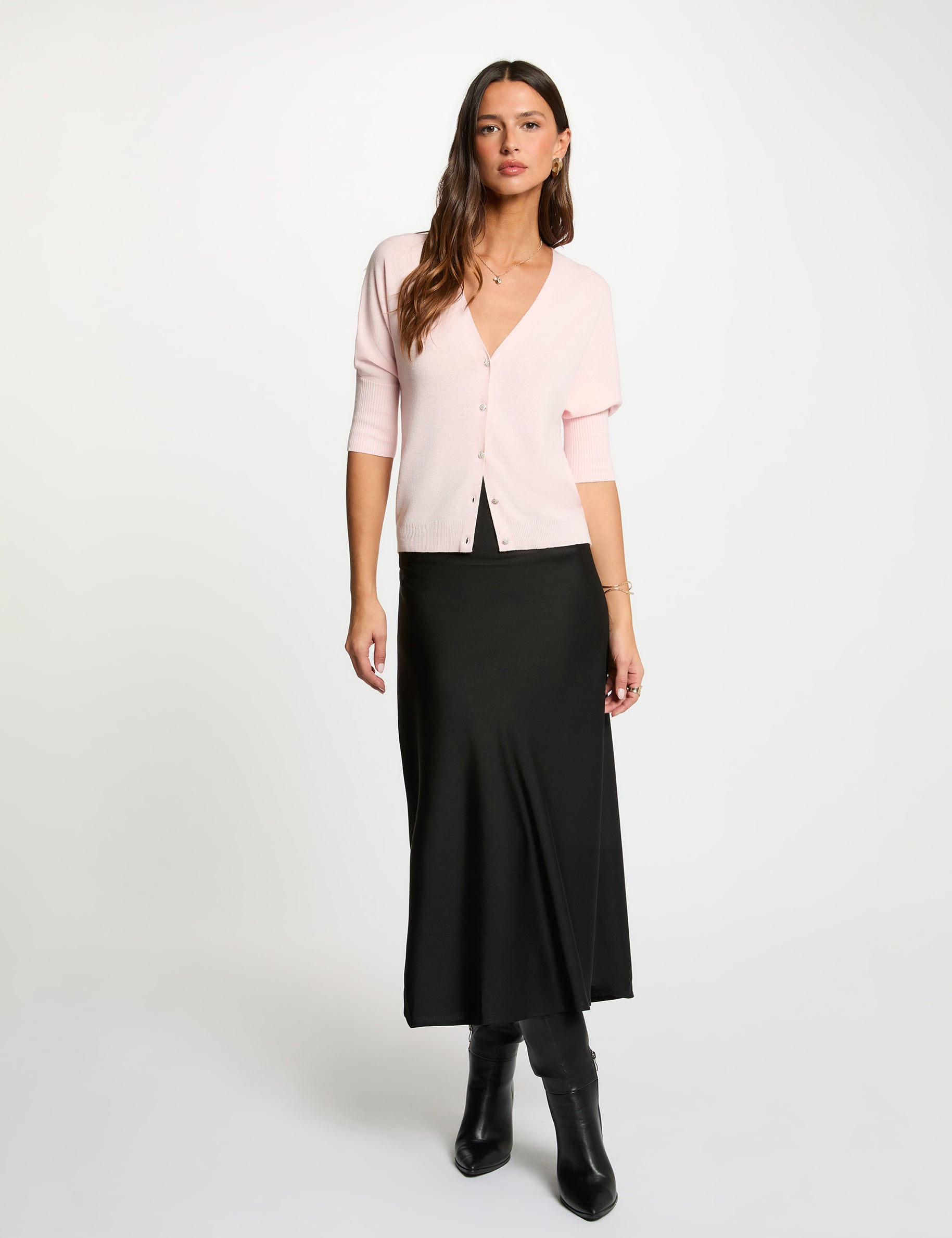 Gilet col en V manches longues rose clair femme | Morgan