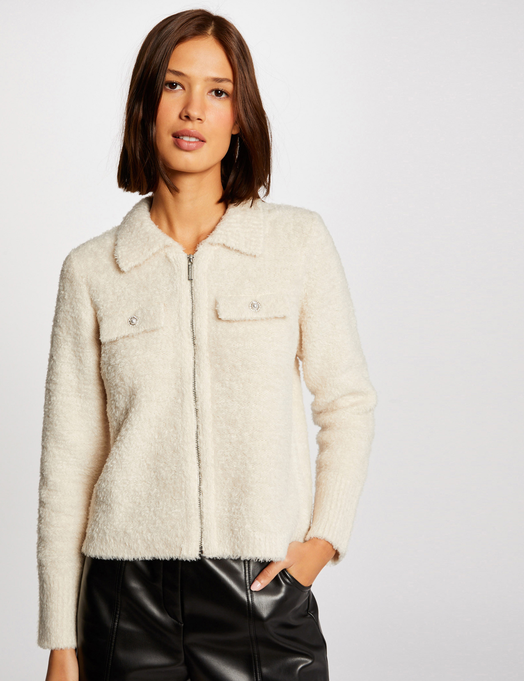 Gilet manches longues avec col à revers ivoire femme | Morgan