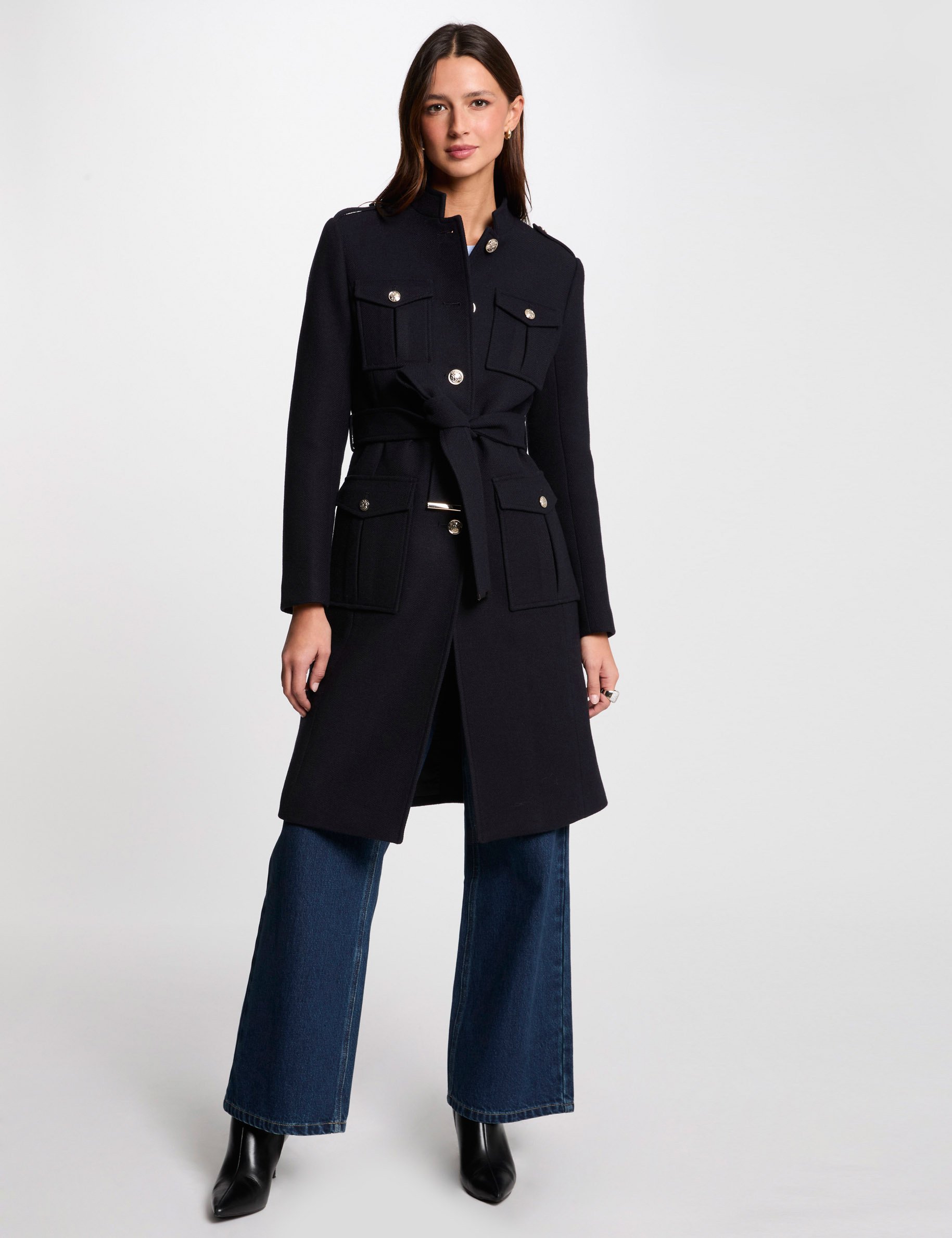 Manteau long ceinturé bleu marine femme | Morgan