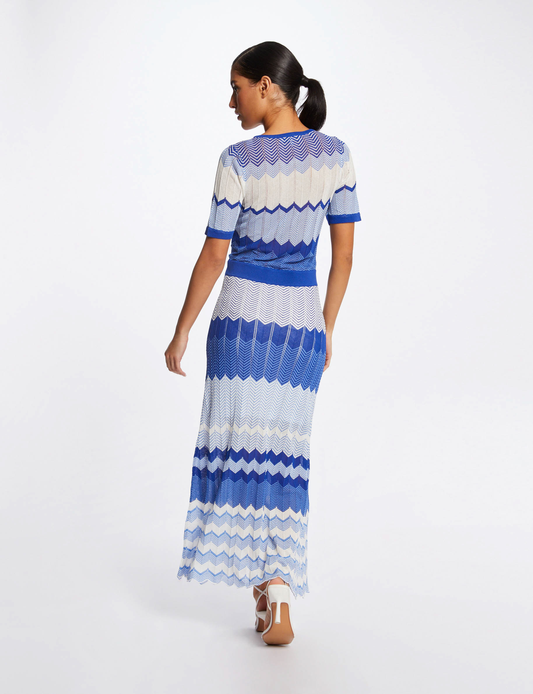 Robe pull longue droite imprimé chevron bleu moyen femme | Morgan