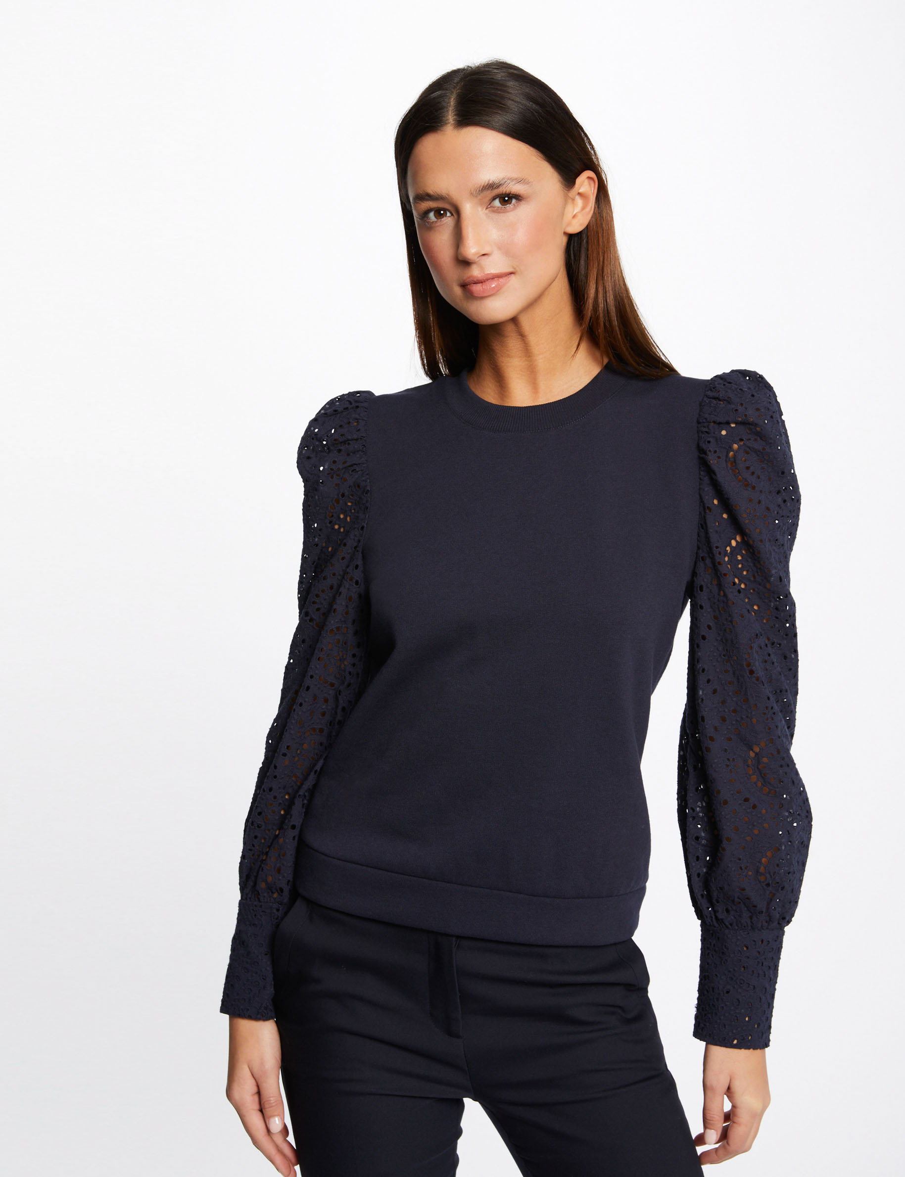 Sweat manches longues brodées marine femme | Morgan