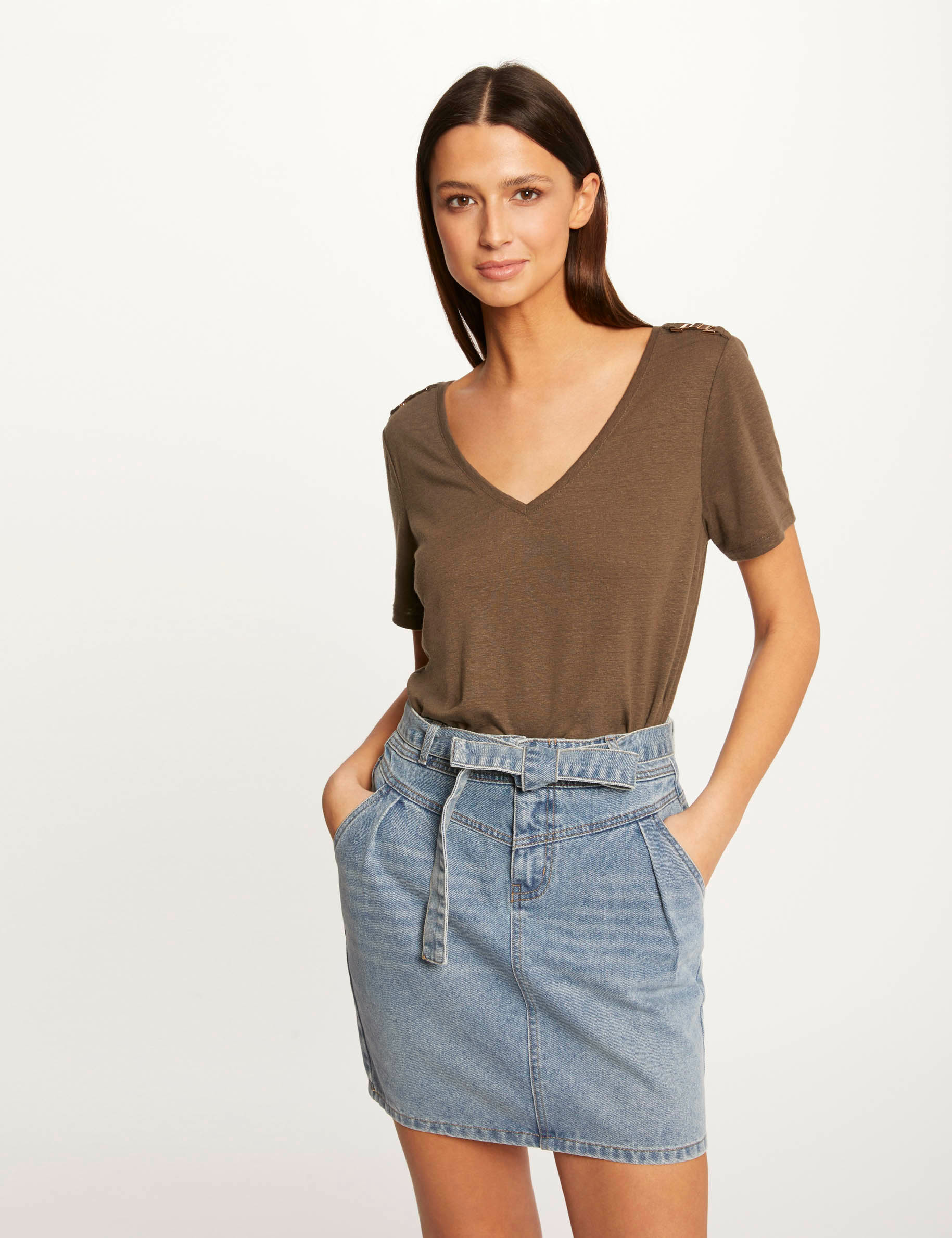 Jupe droite ceinturée en jean jean stone femme | Morgan