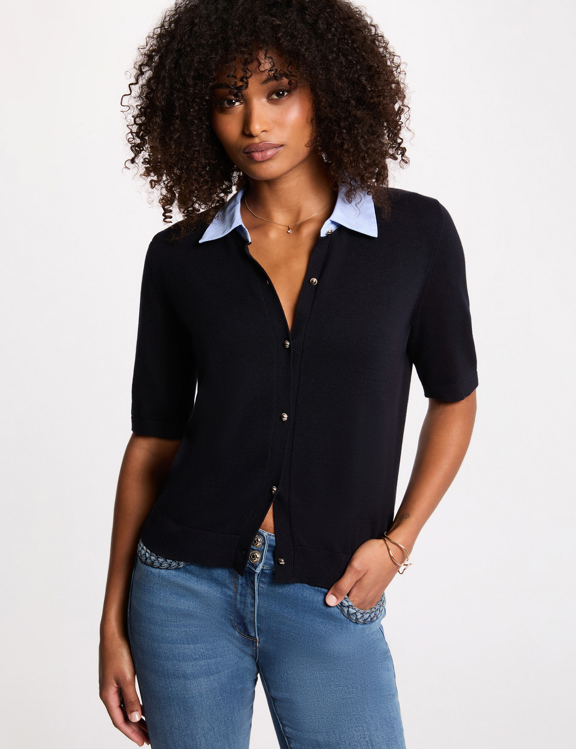 Pull col à revers bleu marine femme | Morgan
