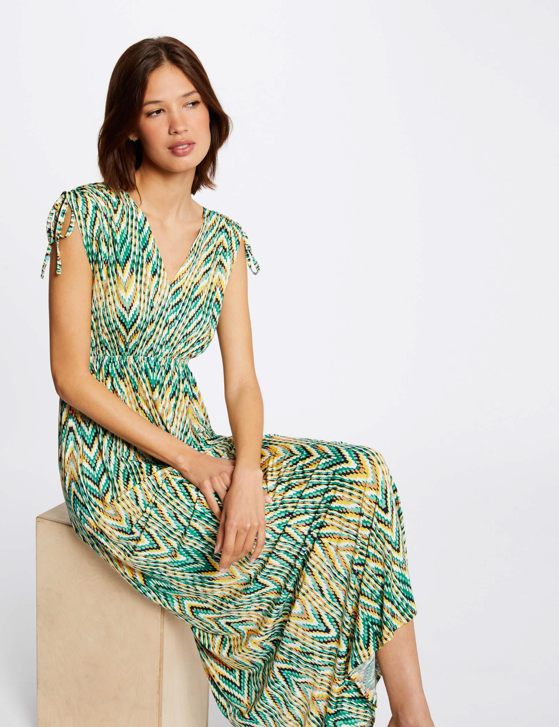 Robe longue droite imprimé chevron vert femme | Morgan