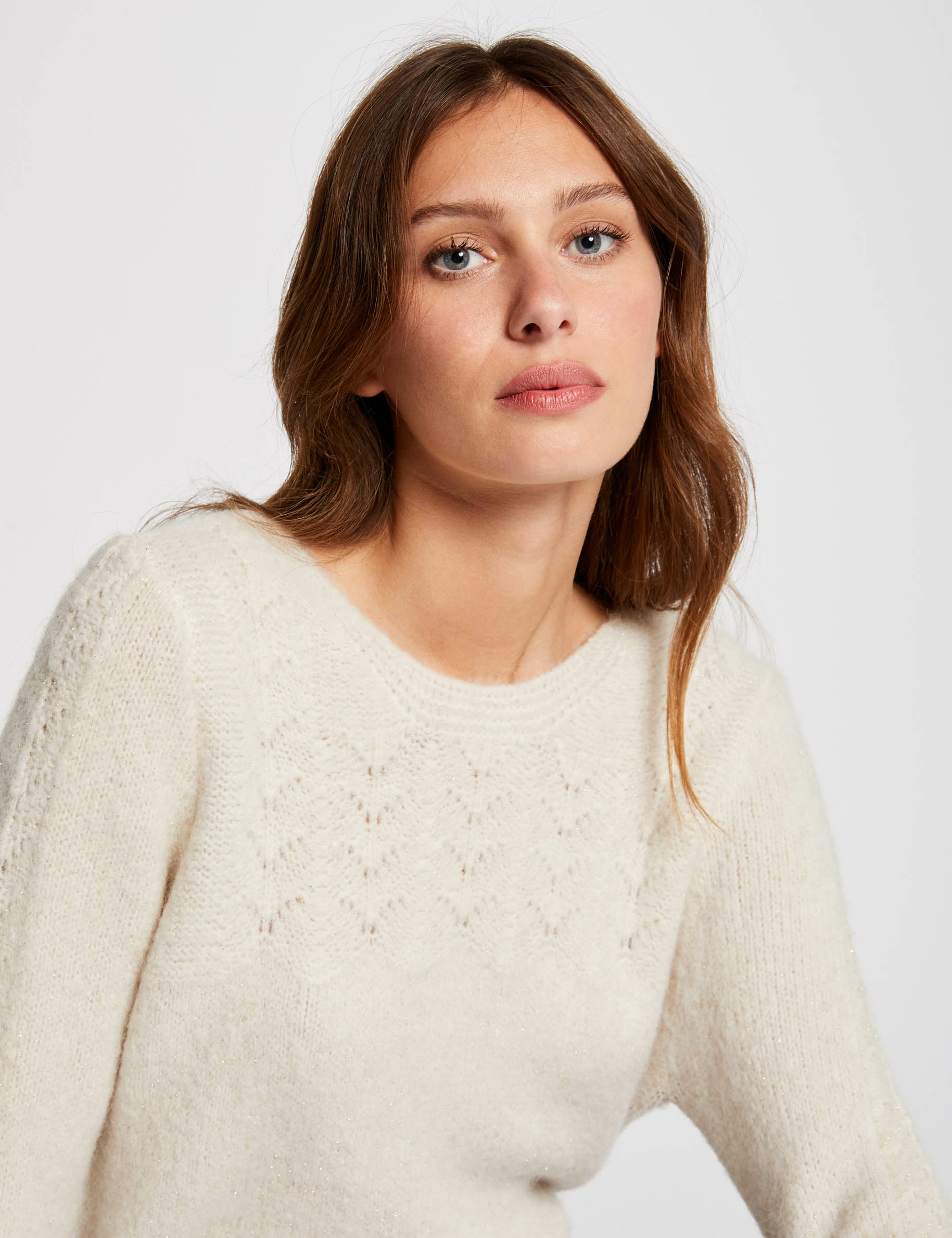 Pull manches longues avec col rond ivoire femme | Morgan