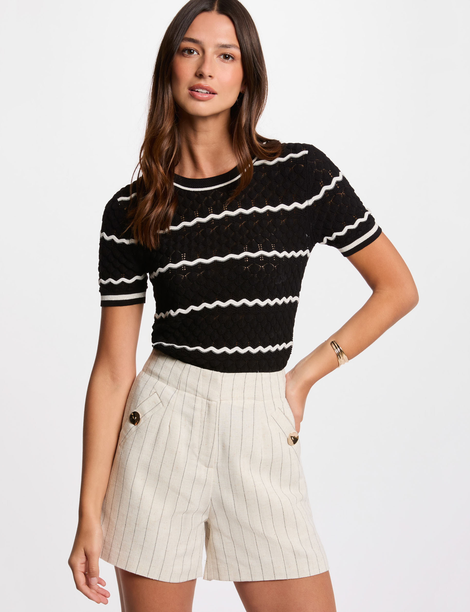 Short taille haute rayé beige femme | Morgan