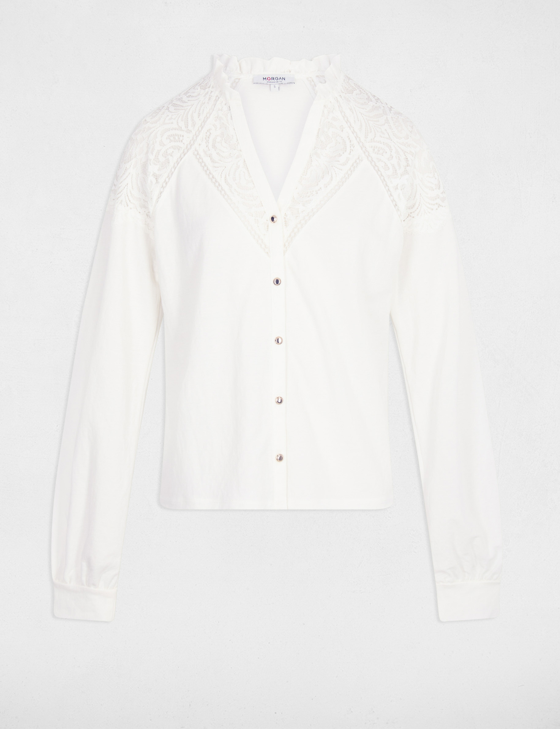 T-shirt dentelle col v blanc femme | Morgan