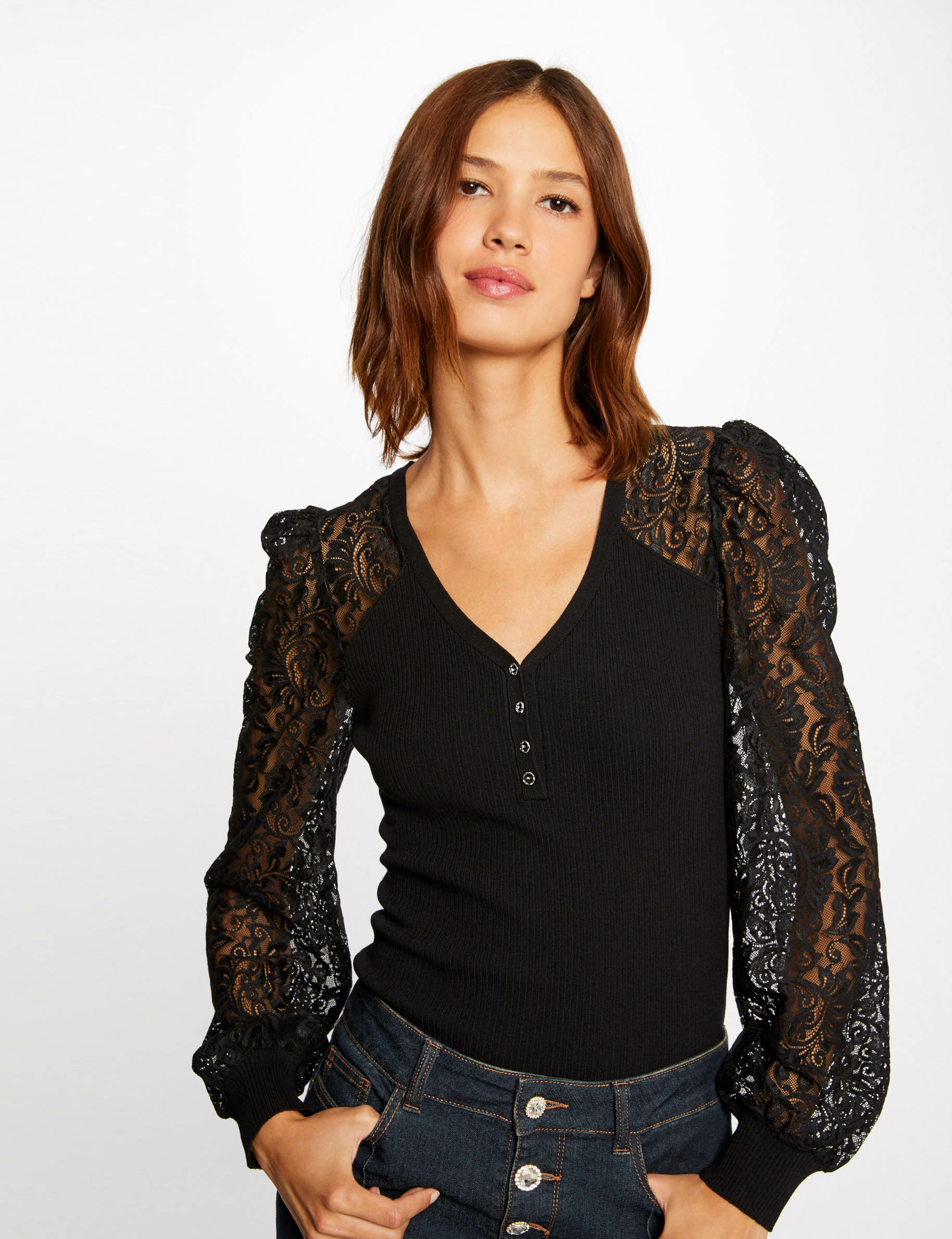Pull manches longues avec dentelle noir femme | Morgan