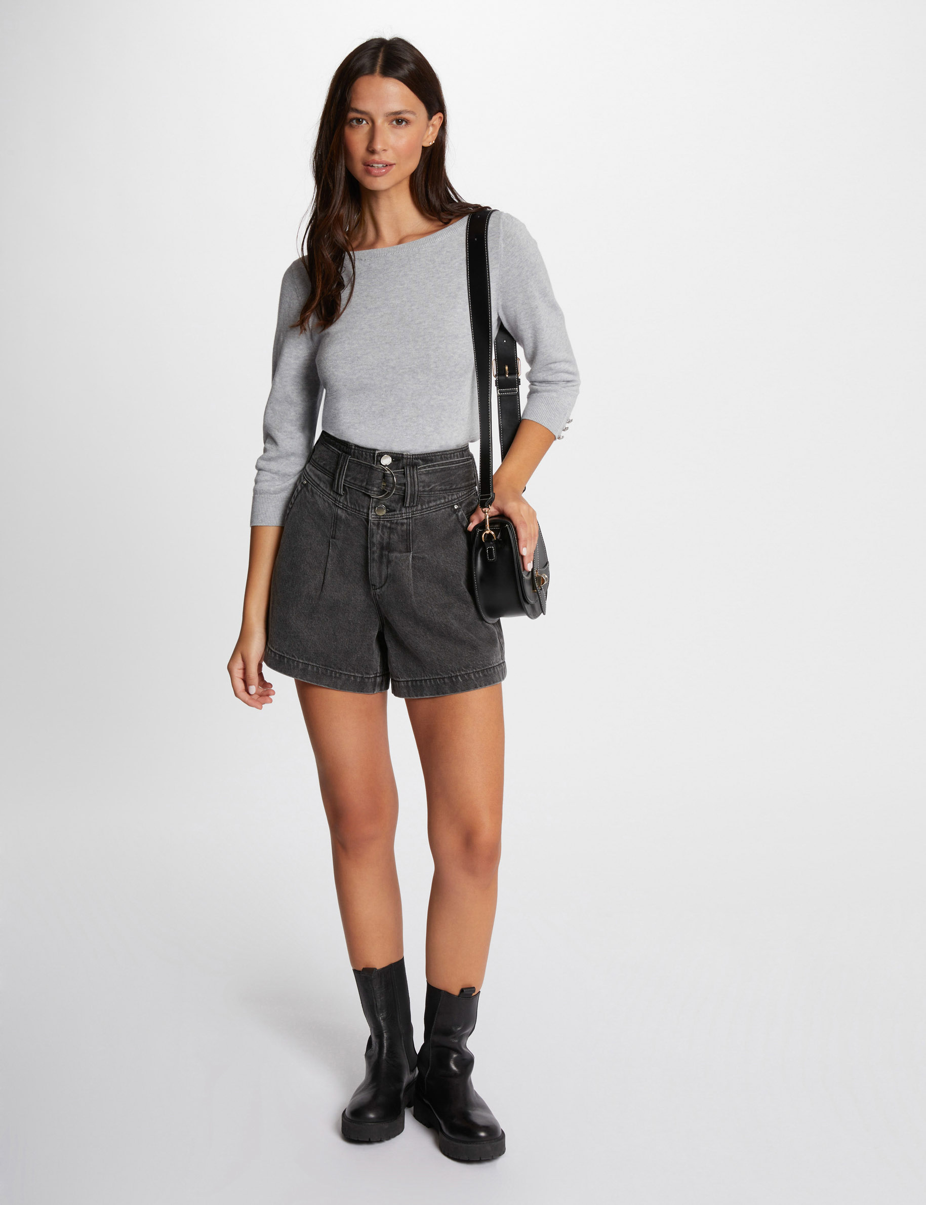 Pull manches 3/4 col bateau gris moyen femme | Morgan