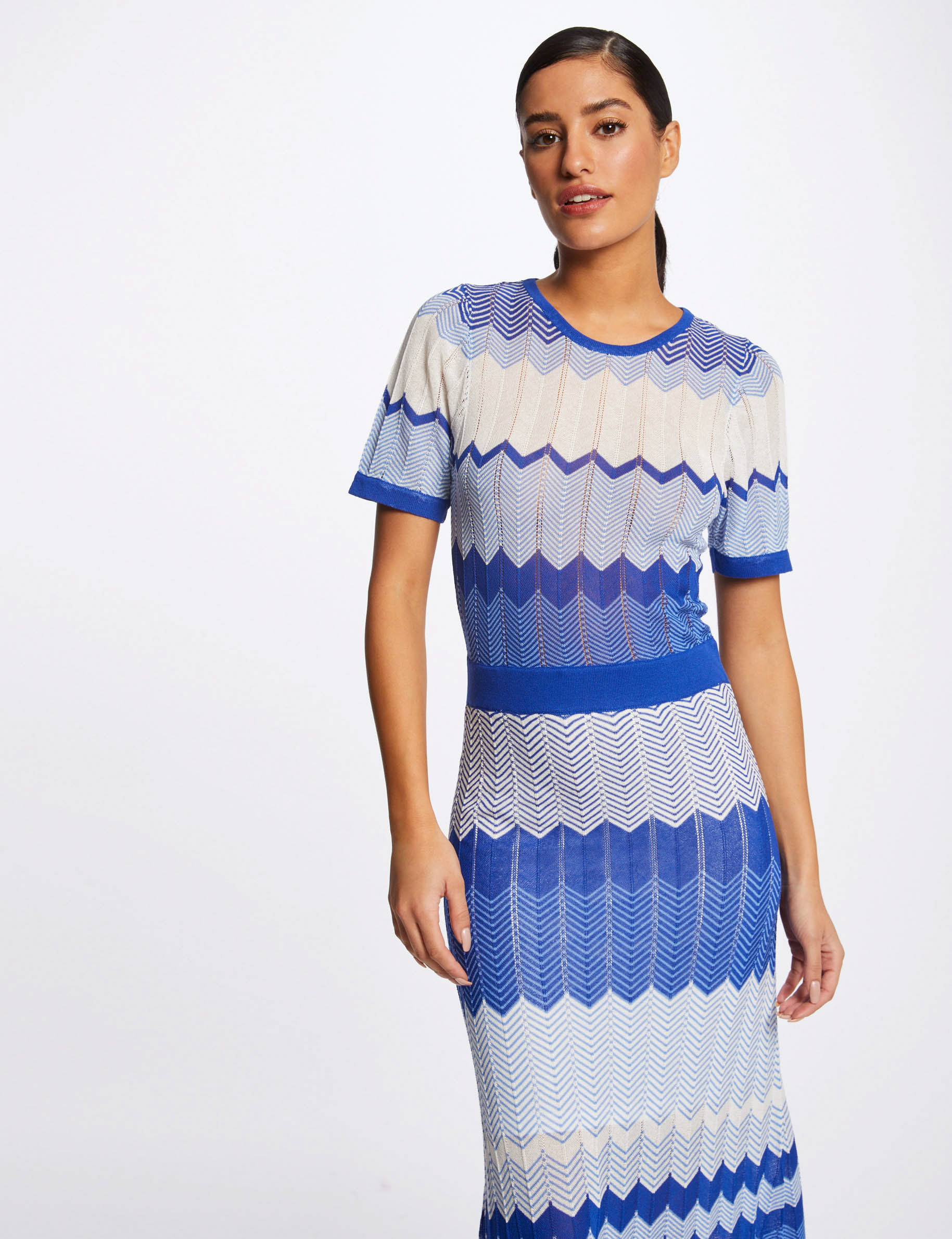 Robe pull longue droite imprimé chevron bleu moyen femme | Morgan