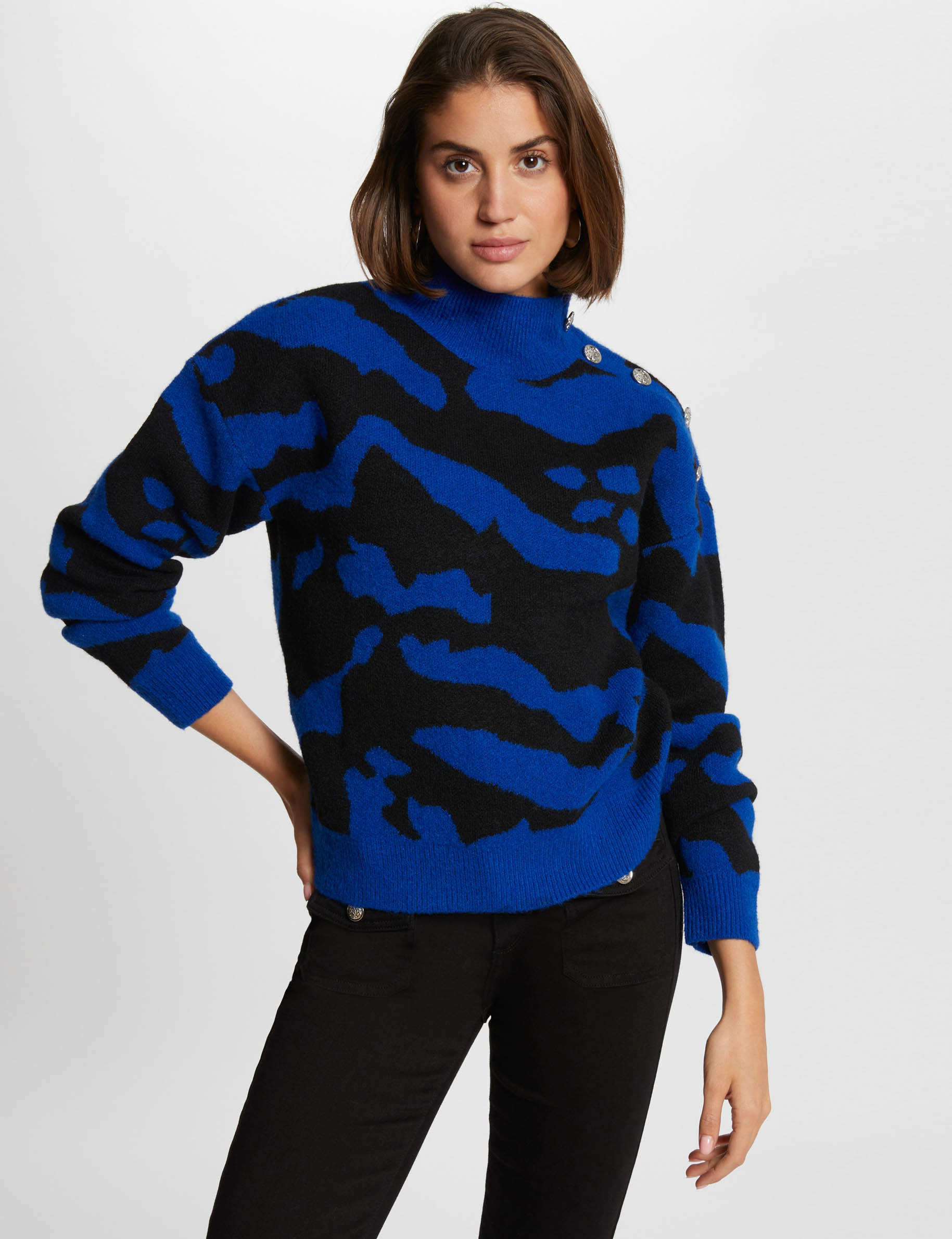 Pull col montant imprimé bleu electrique femme | Morgan
