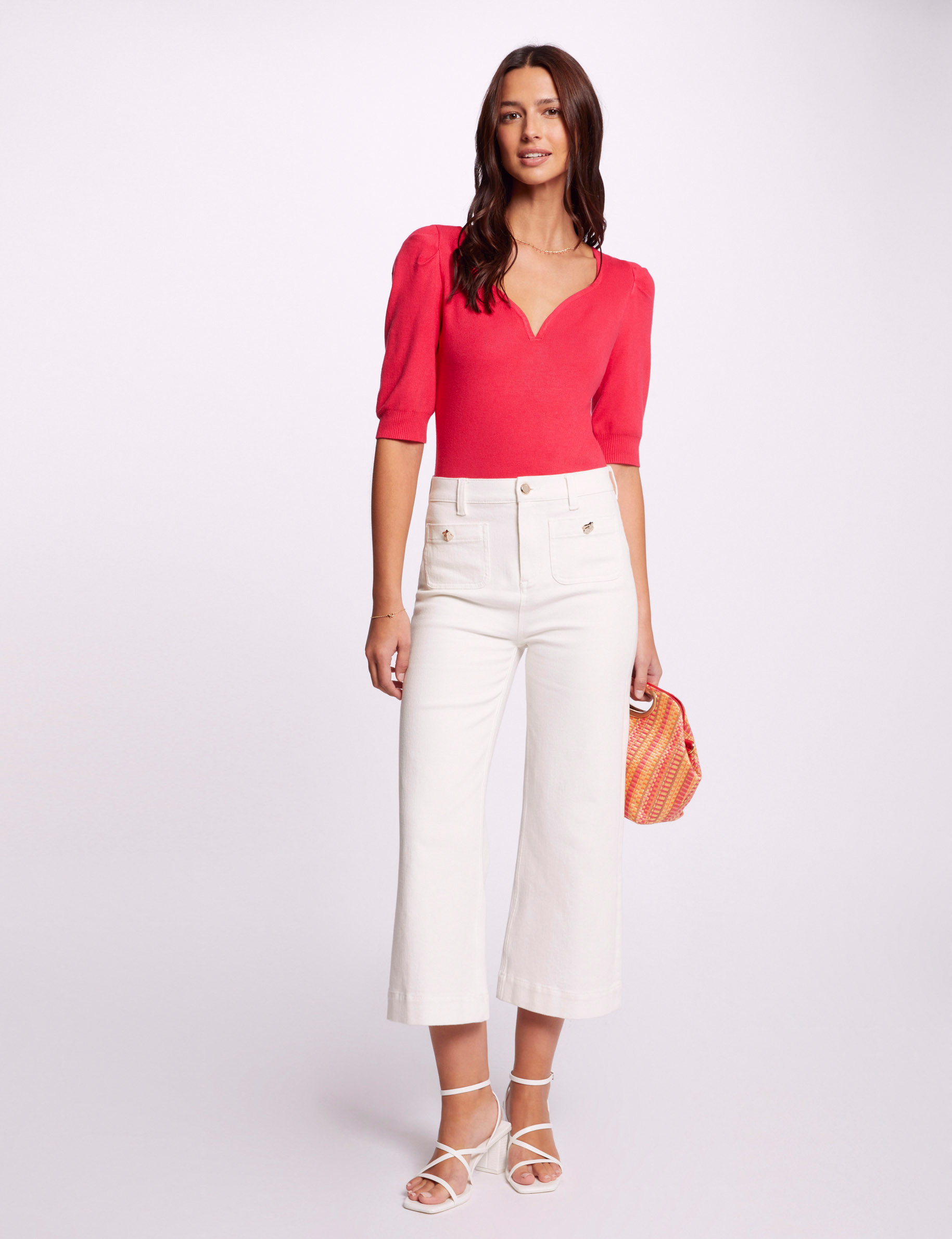 Pull col en V manches courtes rouge moyen femme | Morgan