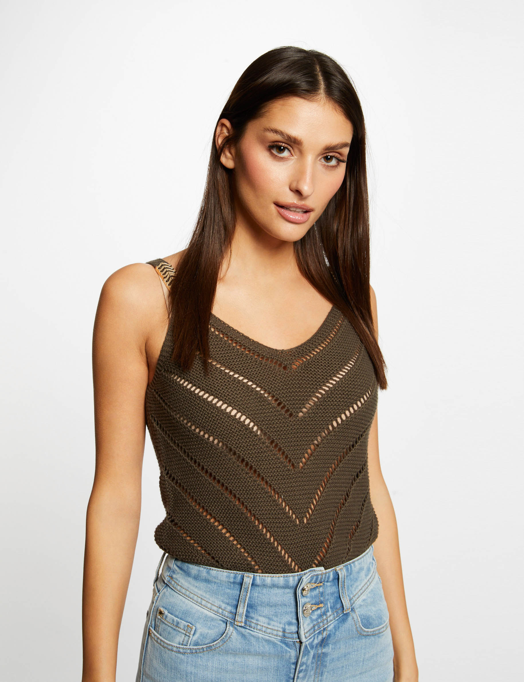 Pull débardeur à ornements métalliques vert kaki femme | Morgan