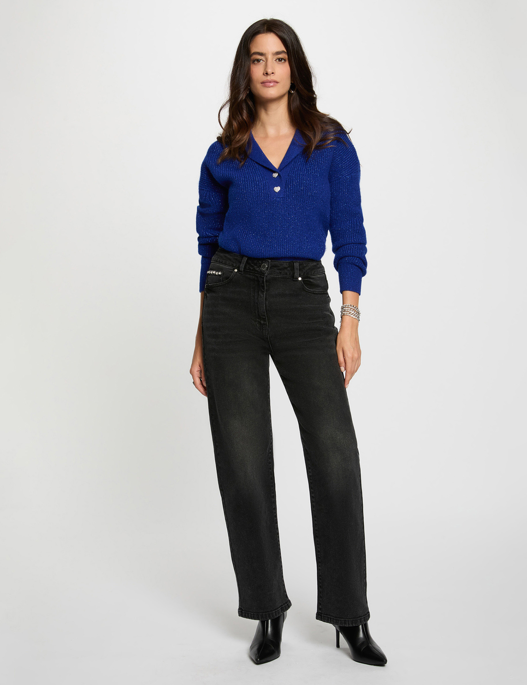 Pull court col à revers bleu pétrole femme | Morgan
