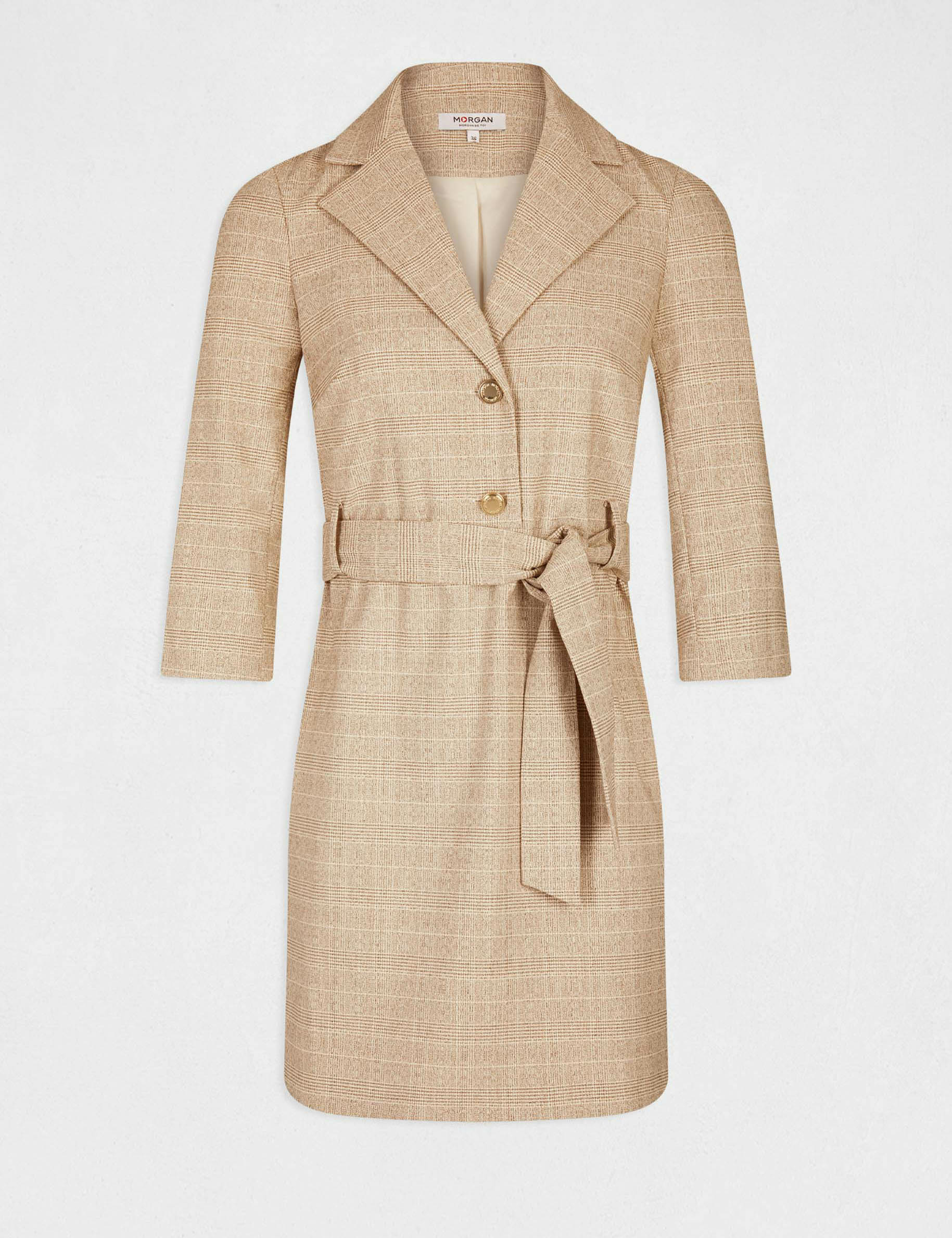 Robe droite ceinturée à carreaux beige femme | Morgan