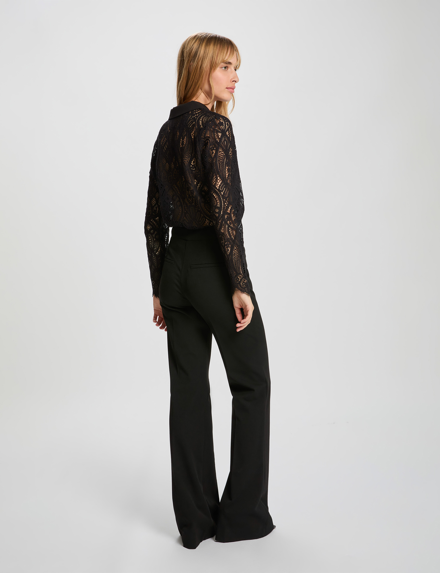 Maille dentelle col revers noir femme | Morgan