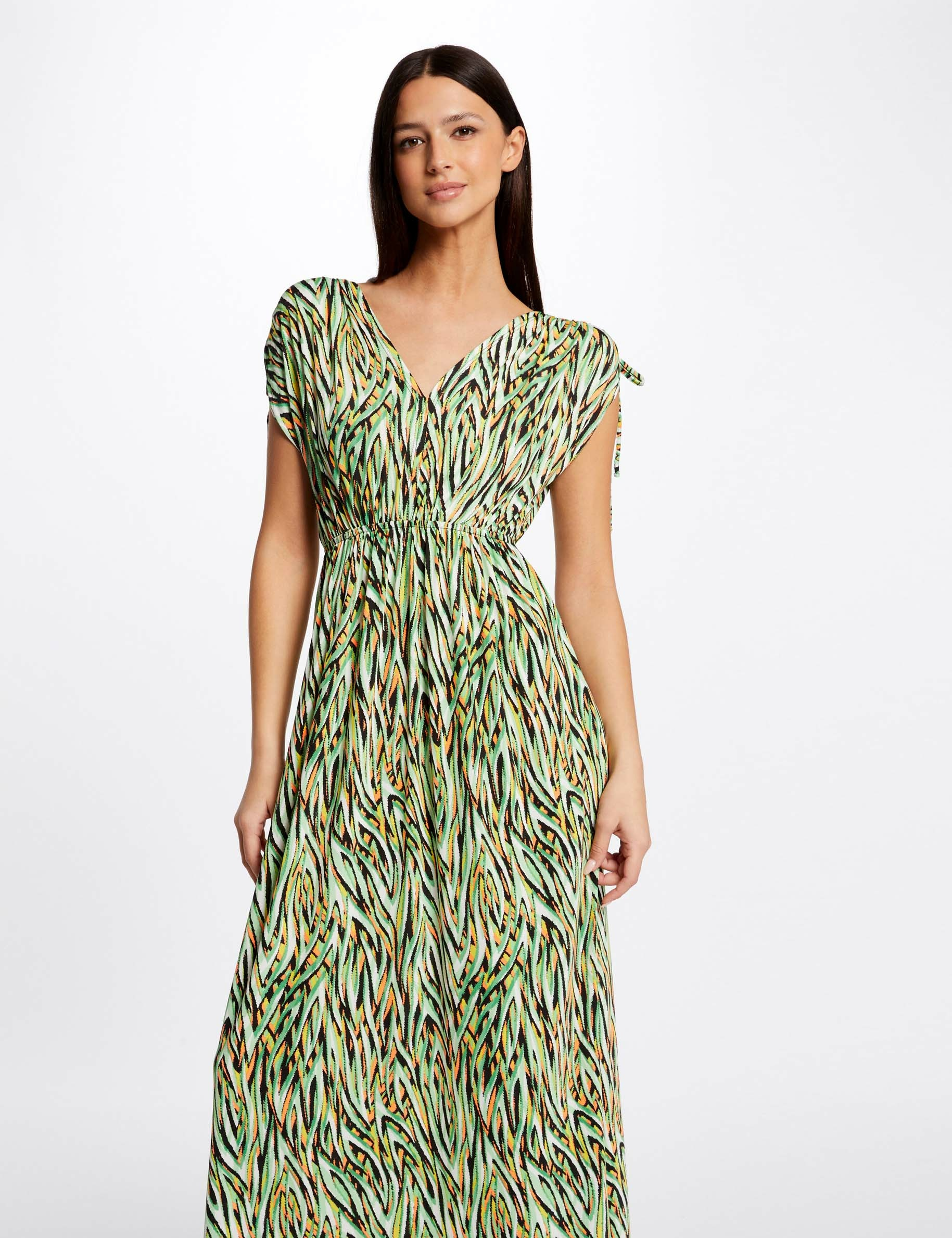 Robe longue droite imprimé géométrique vert femme | Morgan