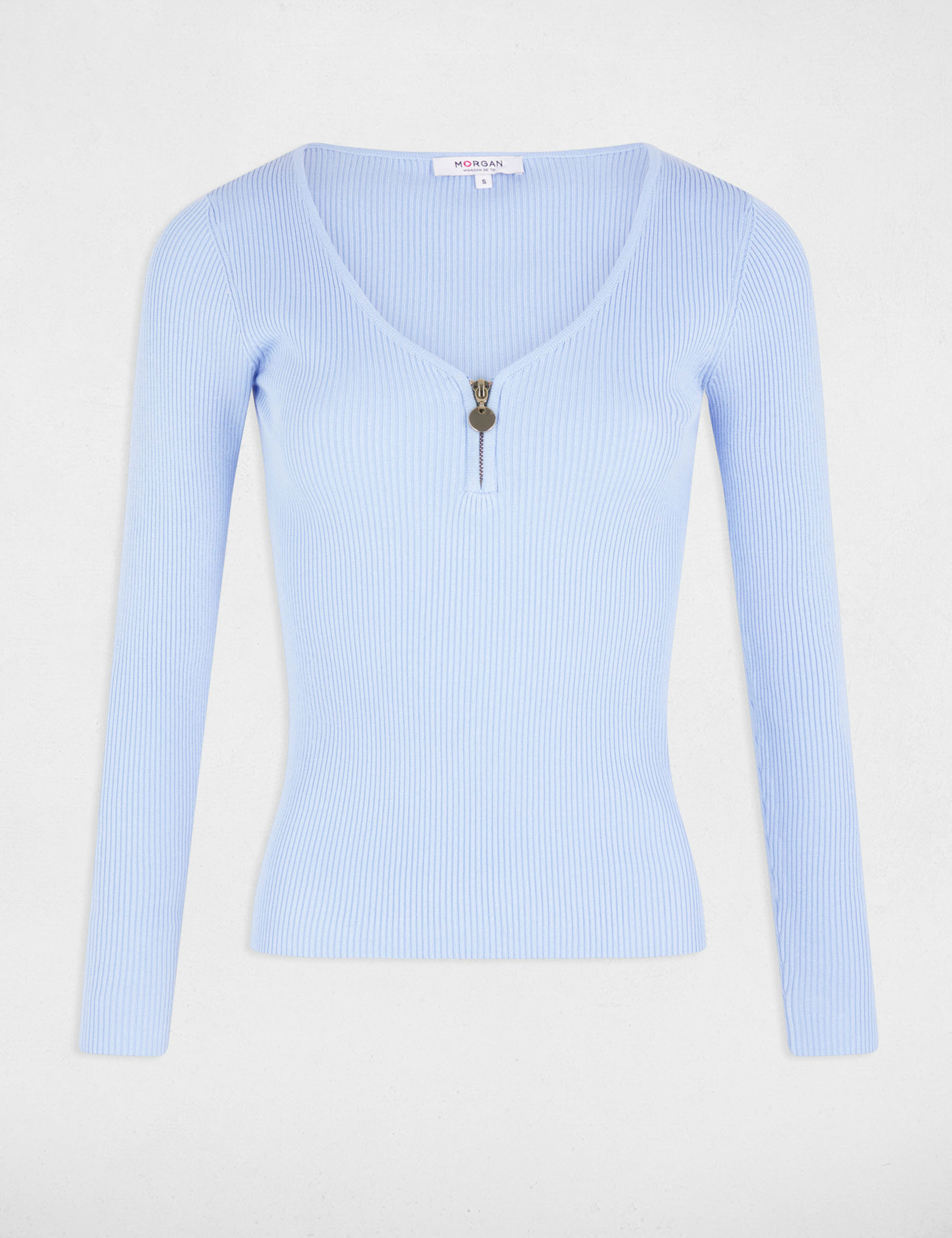 Pull manches longues côtelé détail zippé bleu ciel femme | Morgan
