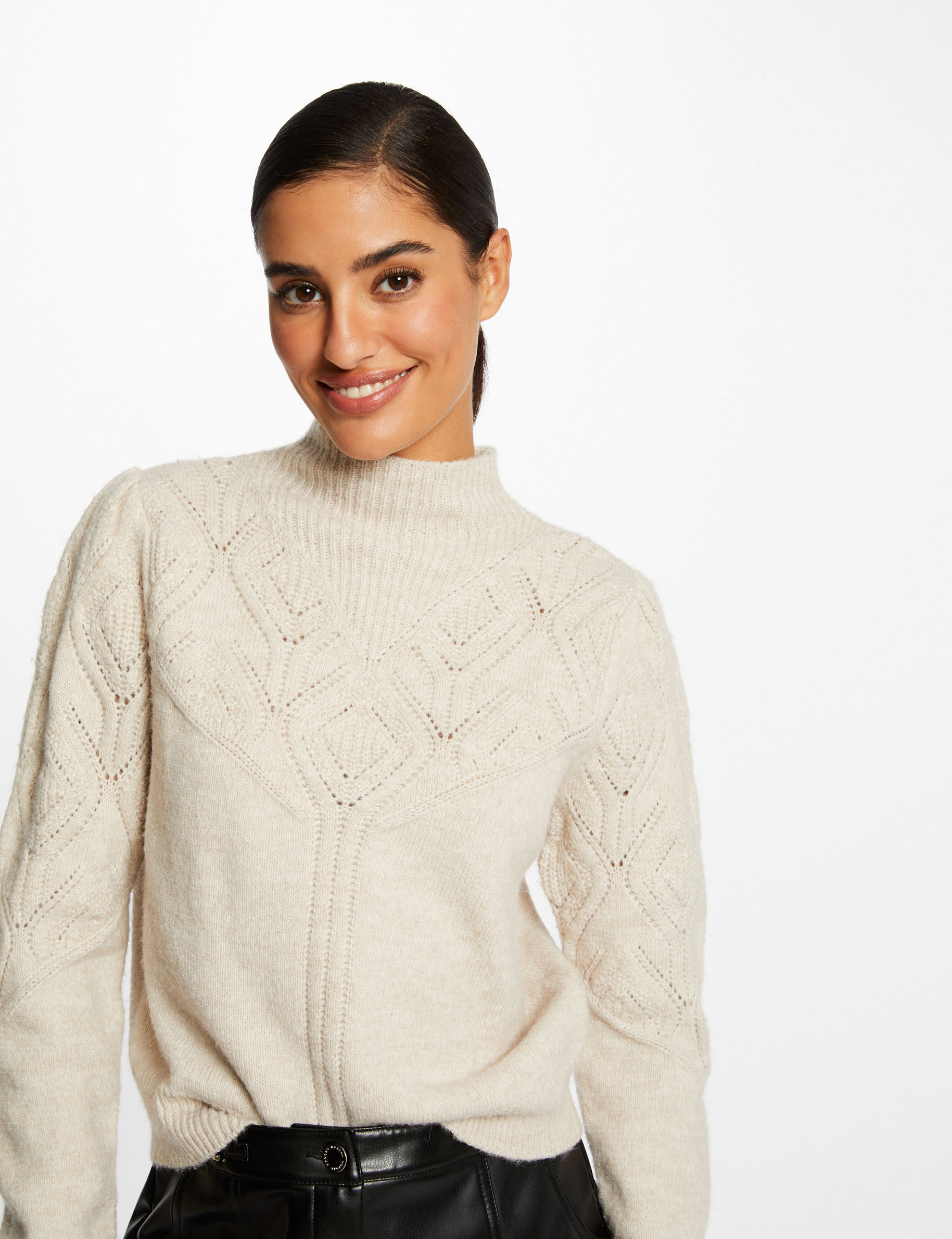 Pull manches longues avec col montant beige femme | Morgan
